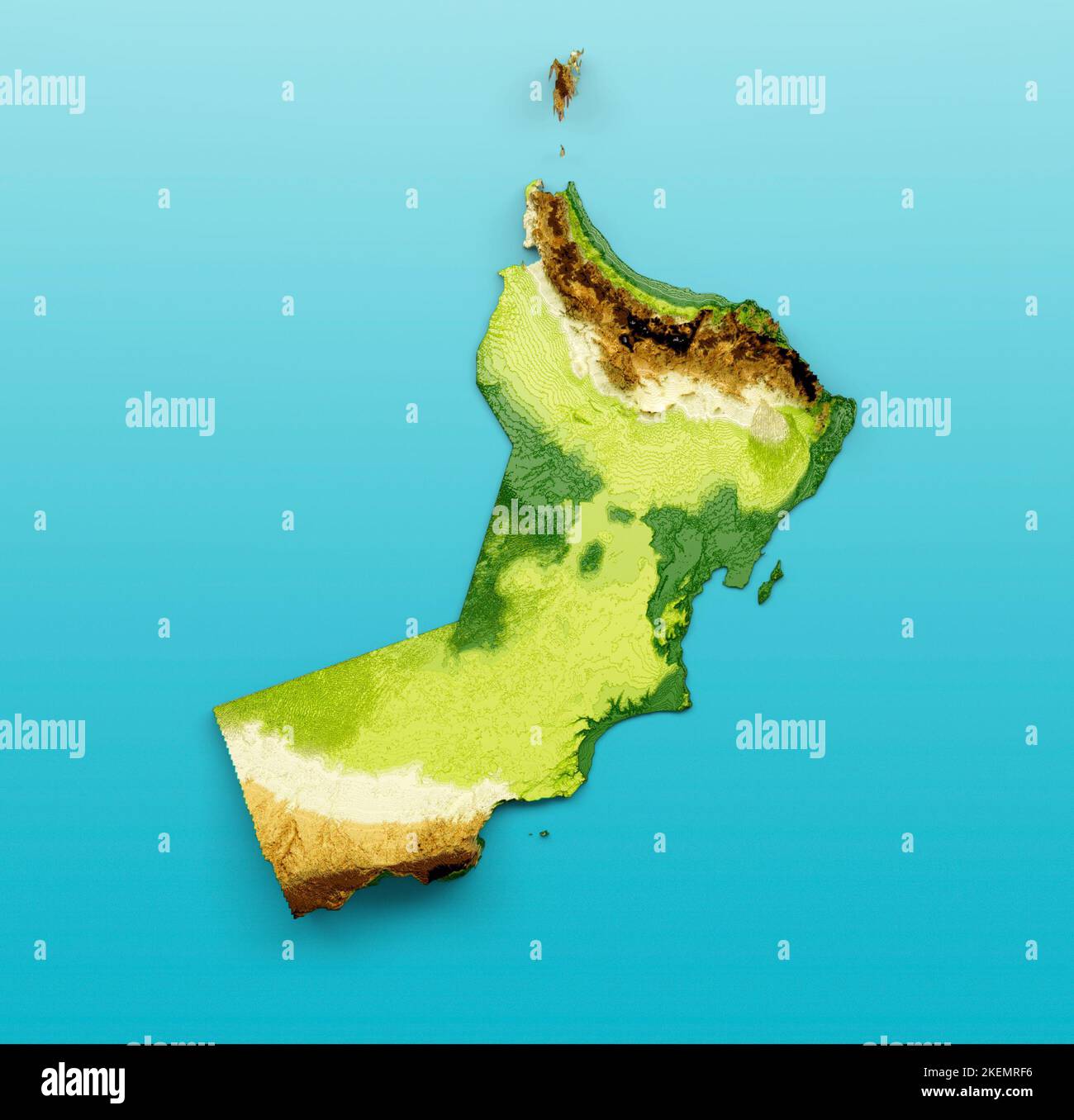 A 3d rendering of Oman map with shaded relief isolated on blue background Stock Photo - Alamy
