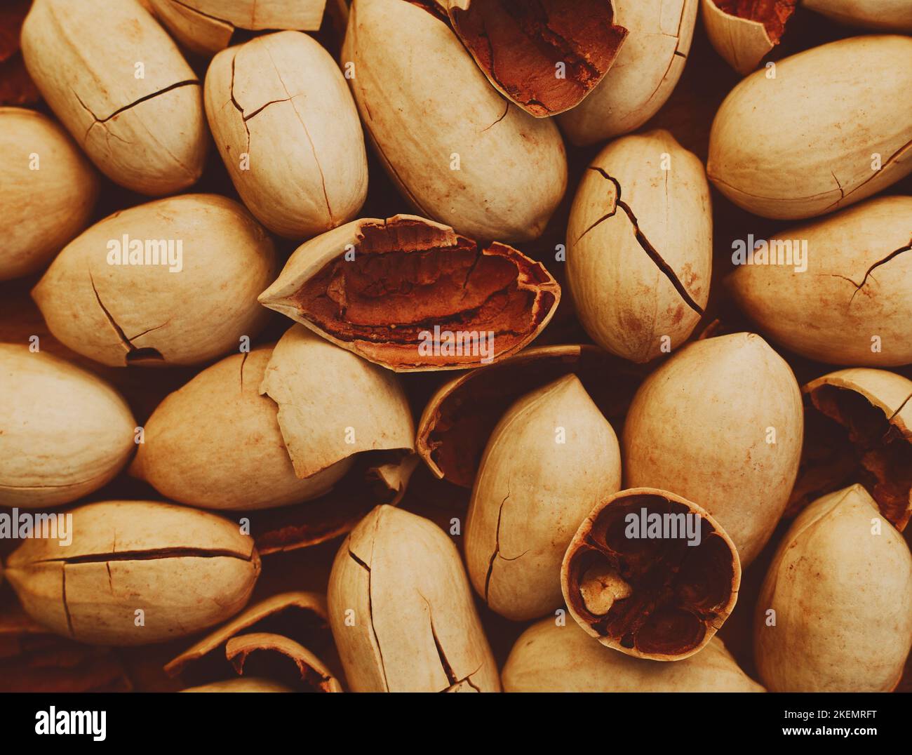 Lots of pecans and broken shells. A harvest of delicious nuts. Baking ...