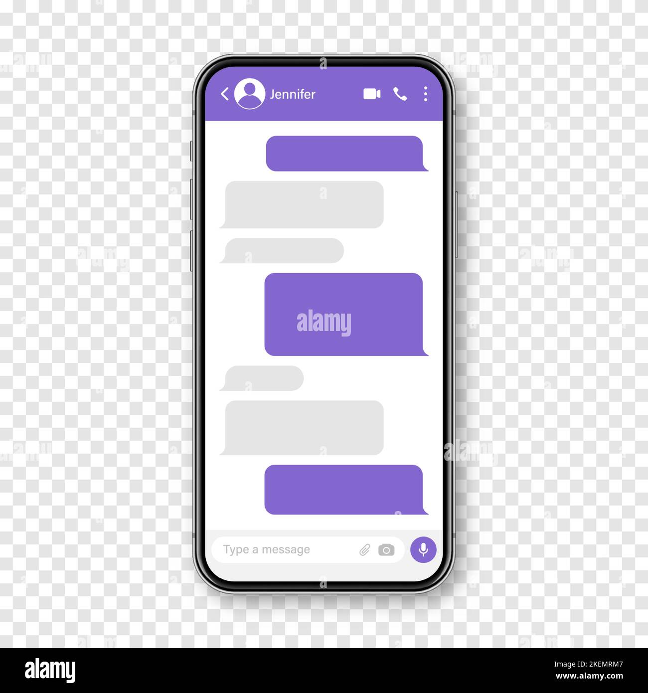 Realistic smartphone with messaging app. Blank SMS text frame ...