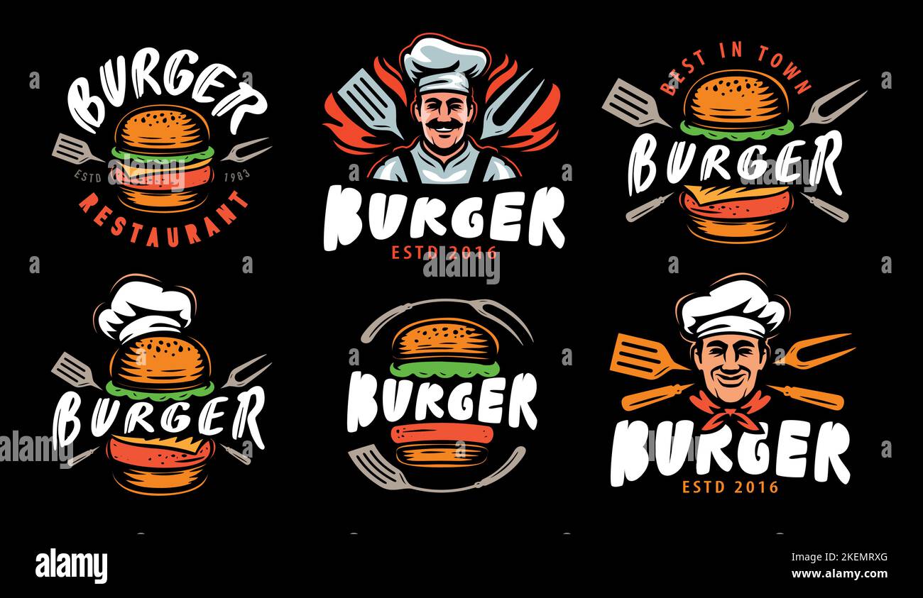 Burger, fast food logo emblem. Set of labels or badges for menu design ...