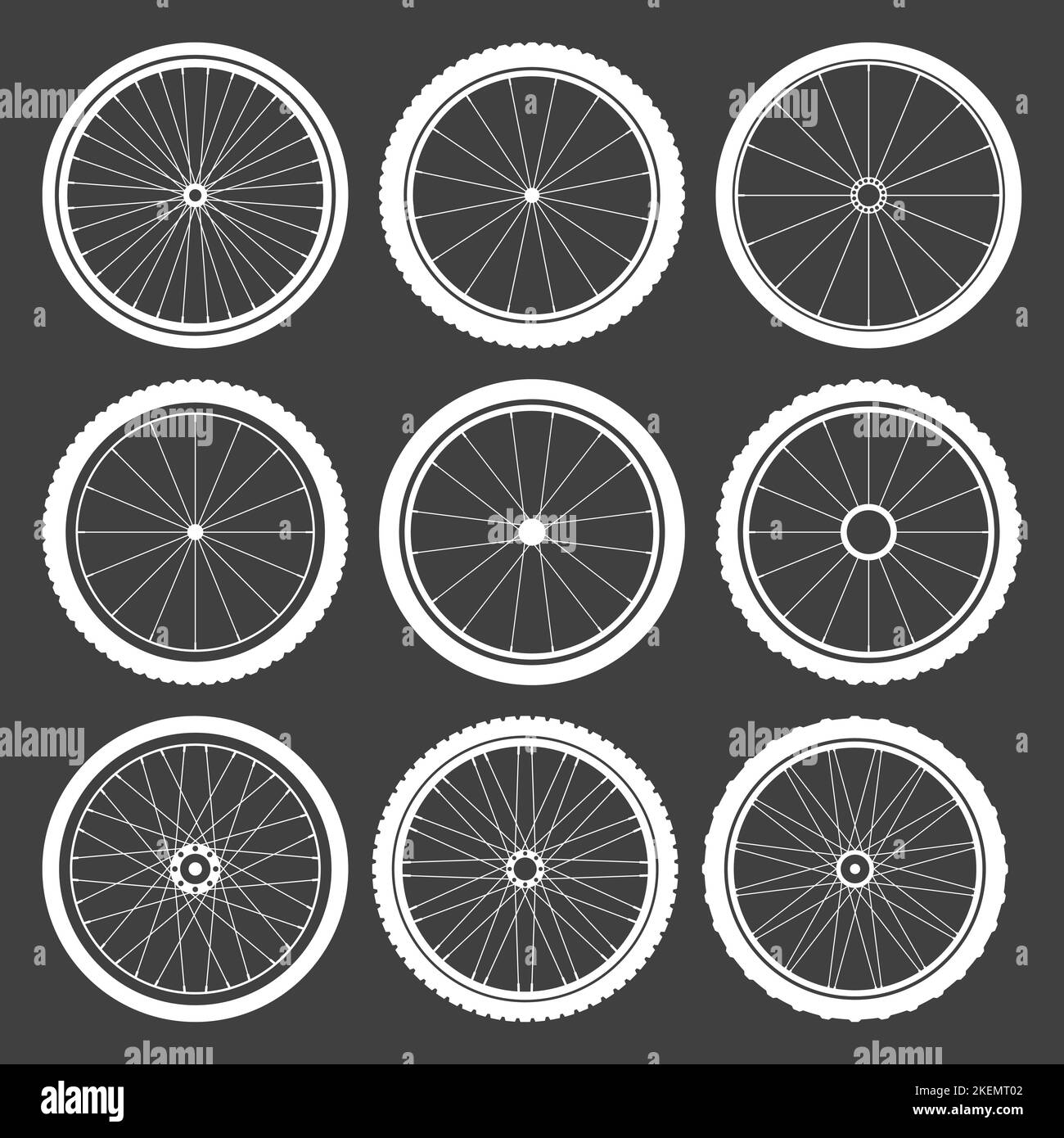 Black bicycle wheel symbols collection. Bike rubber tyre silhouettes ...