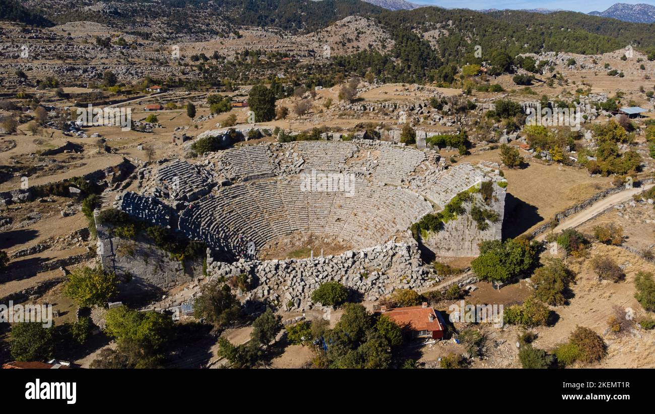 Aerial view of ancient amphitheater in Selge city, Antalya province ...