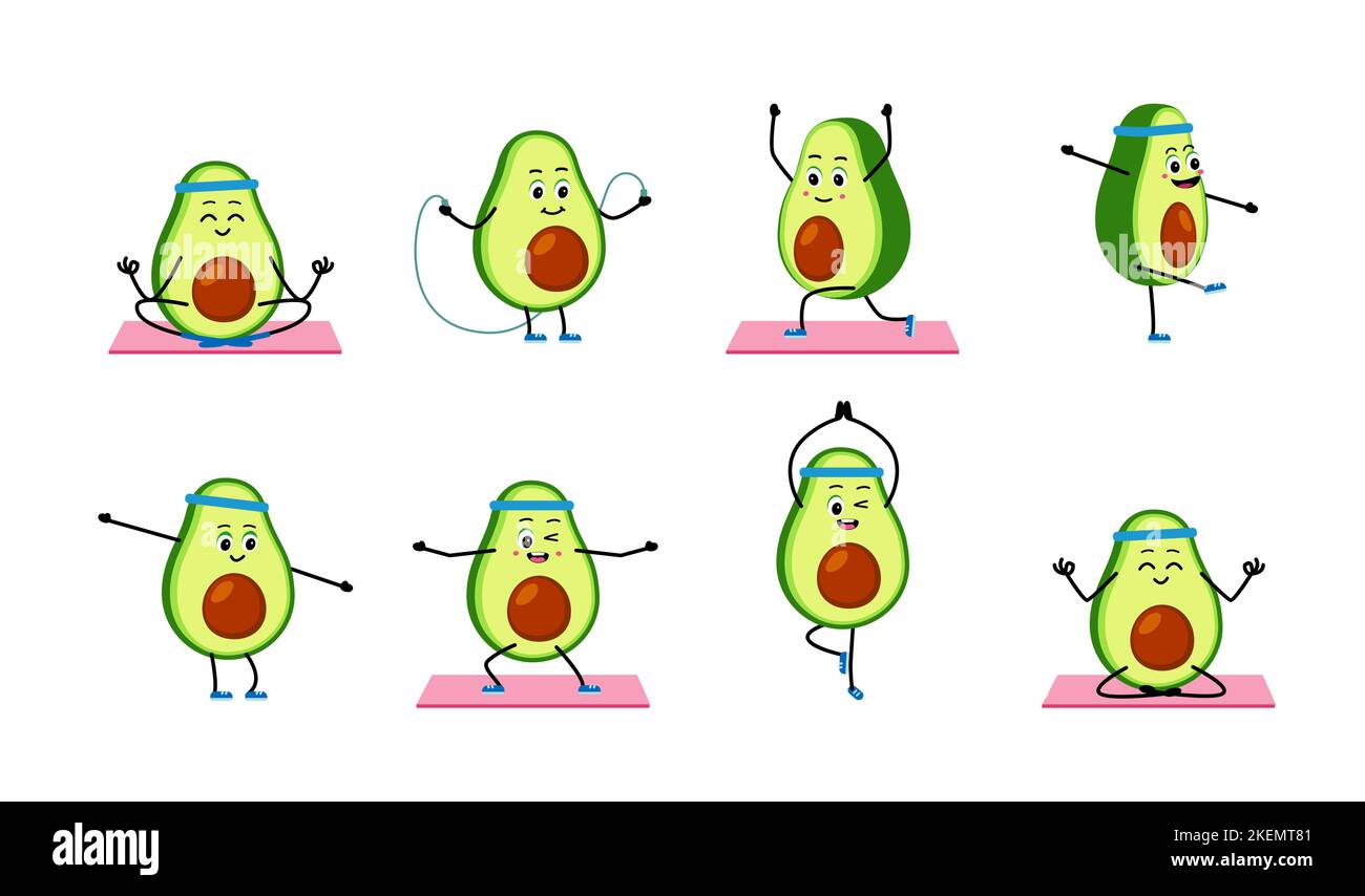 Cute strong Avocado character meditate in yoga pose. Set Vector ...