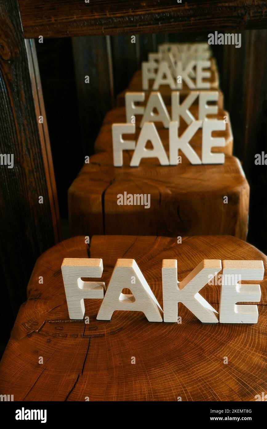 A vertical shot of an infinite reflection of the word "Fake Stock Photo ...