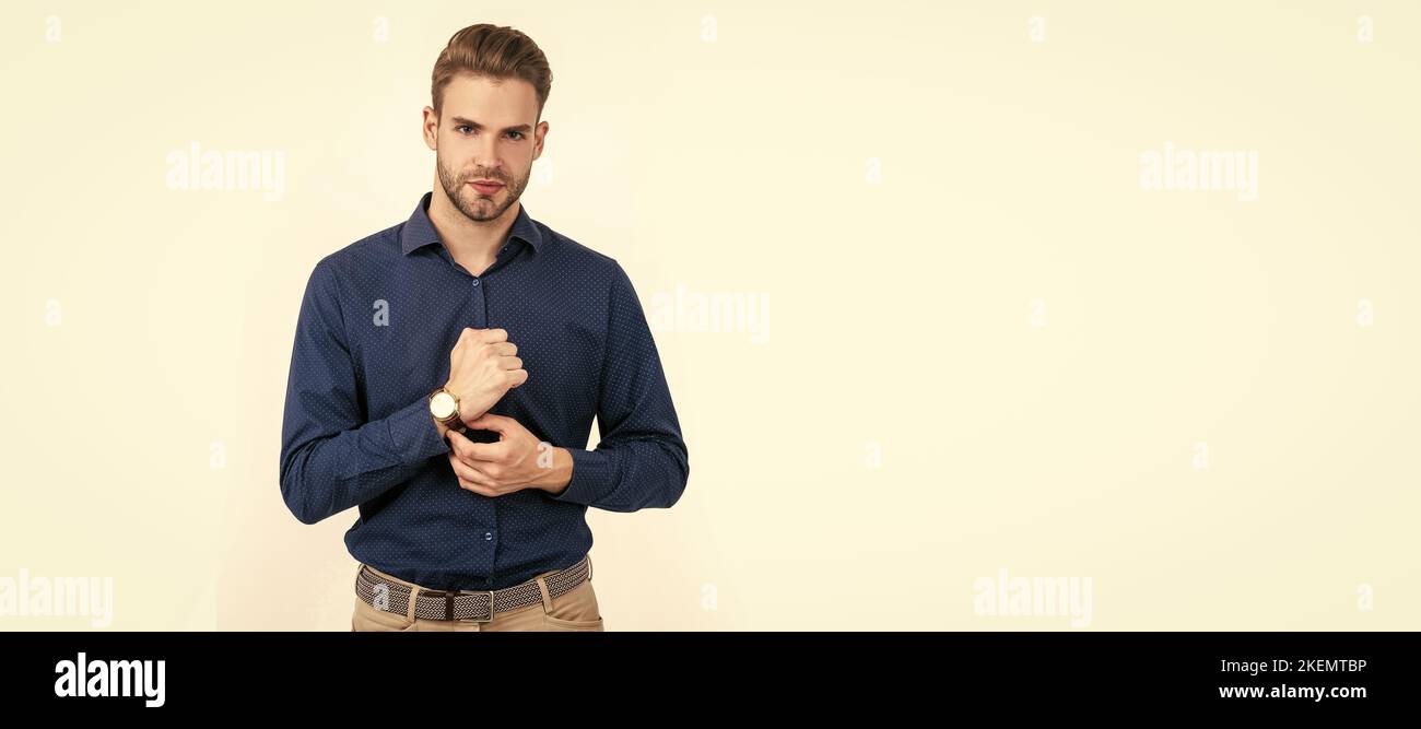 handsome man with stylish hair wear wristwatch isolated on white ...