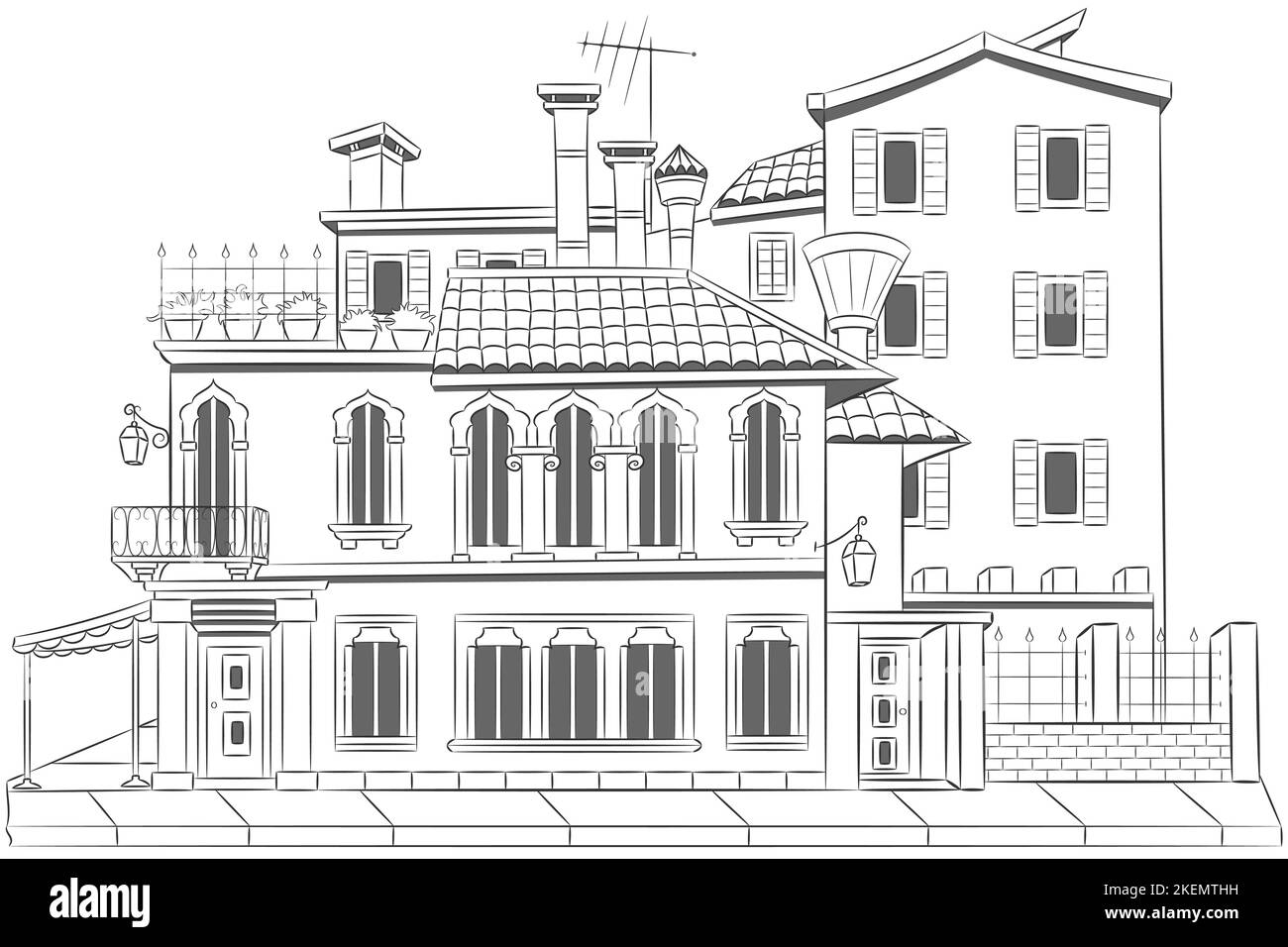 Drawing of the facades of old traditional houses isolated on a white ...
