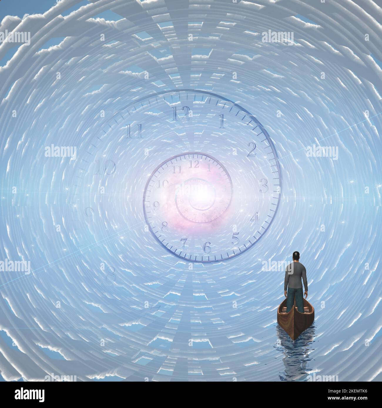 Man in boat floating in clouds tunnel. 3D rendering Stock Photo - Alamy