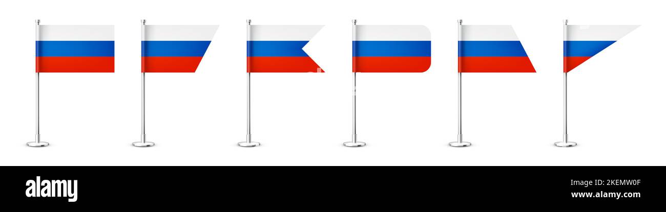 Realistic various Russian table flags on a chrome steel pole. Souvenir ...