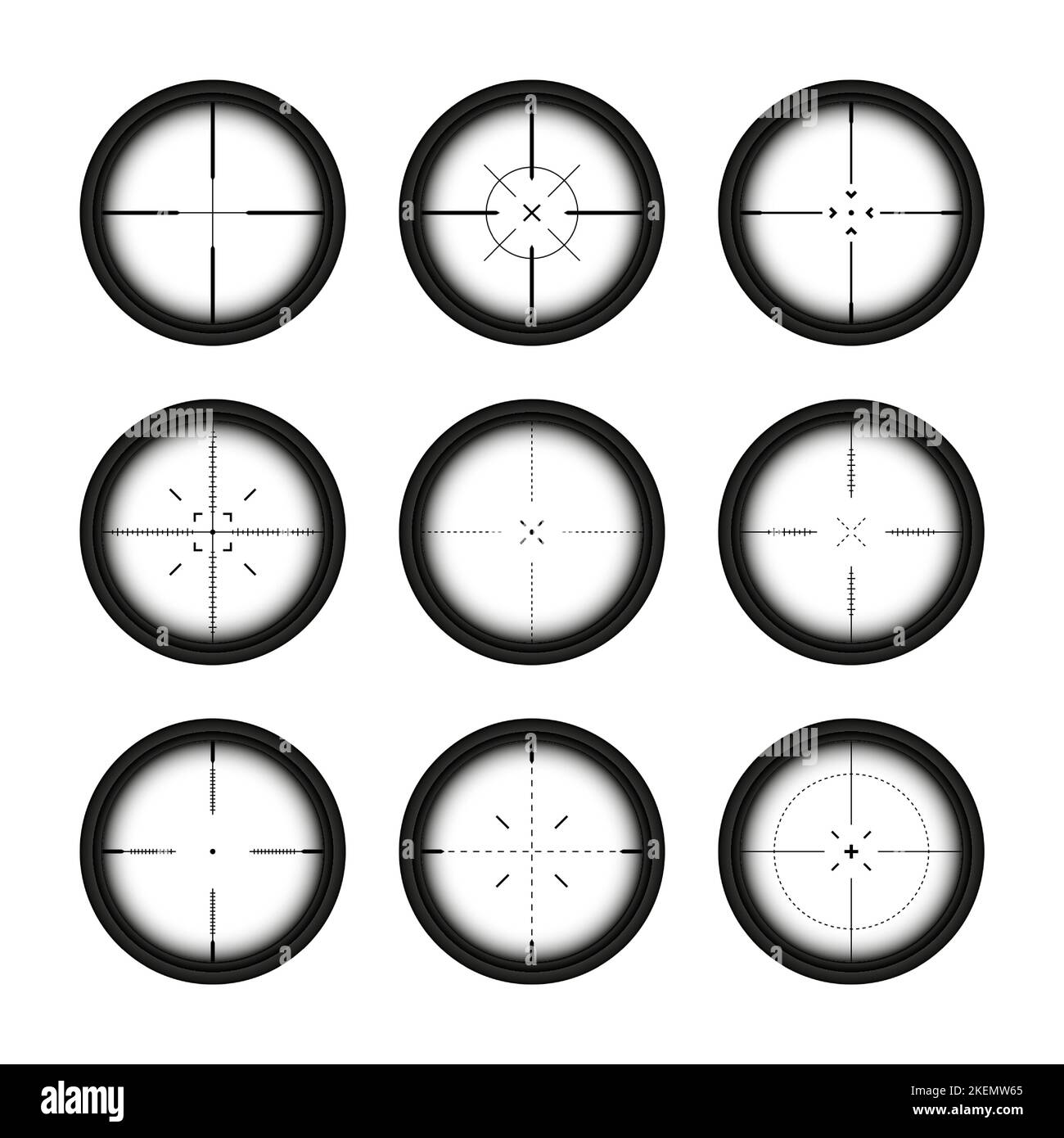 Various weapon sights, sniper rifle optical scopes. Hunting gun ...
