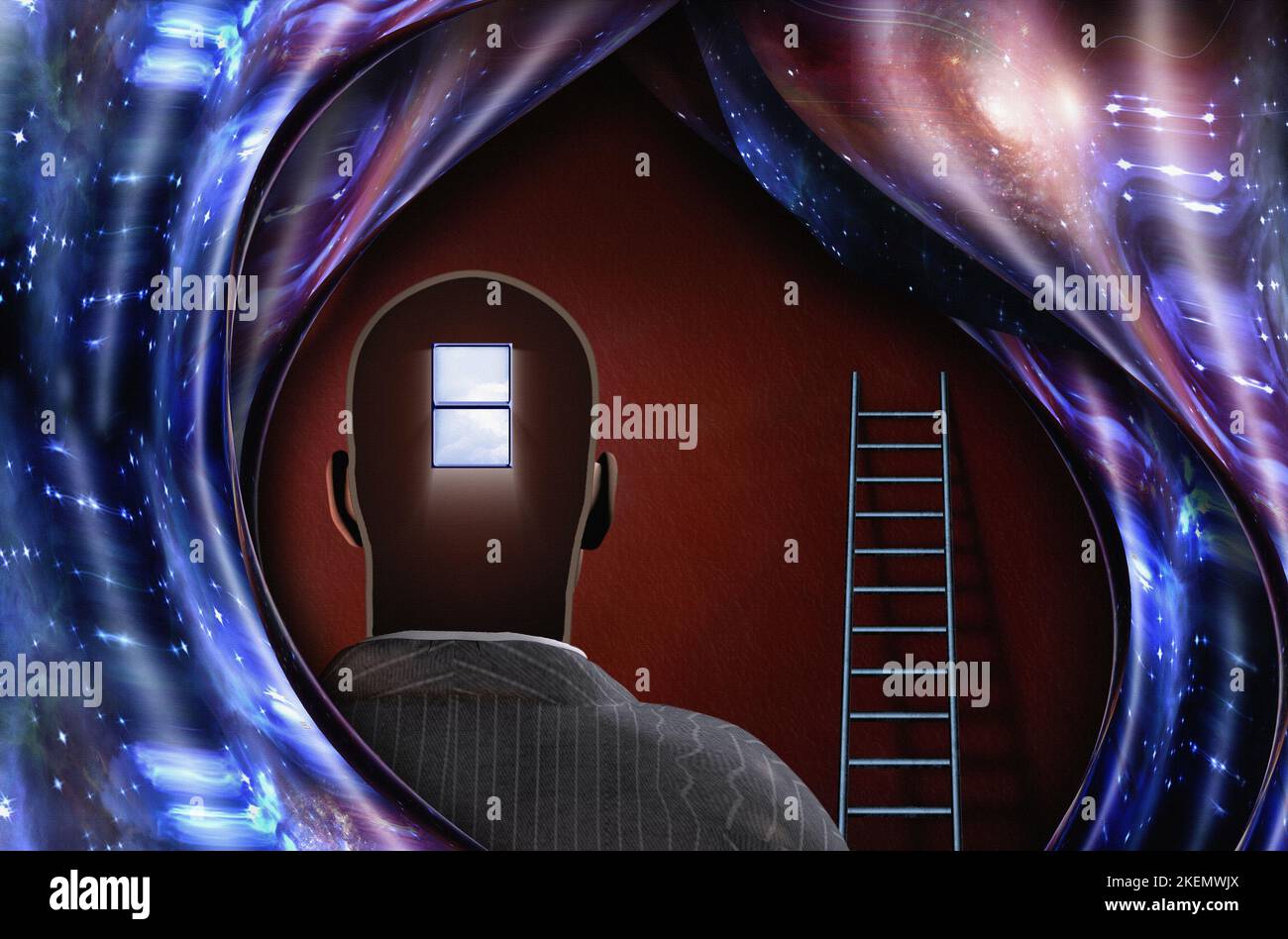 Man with window in head stands before wall with ladder. Warped space ...