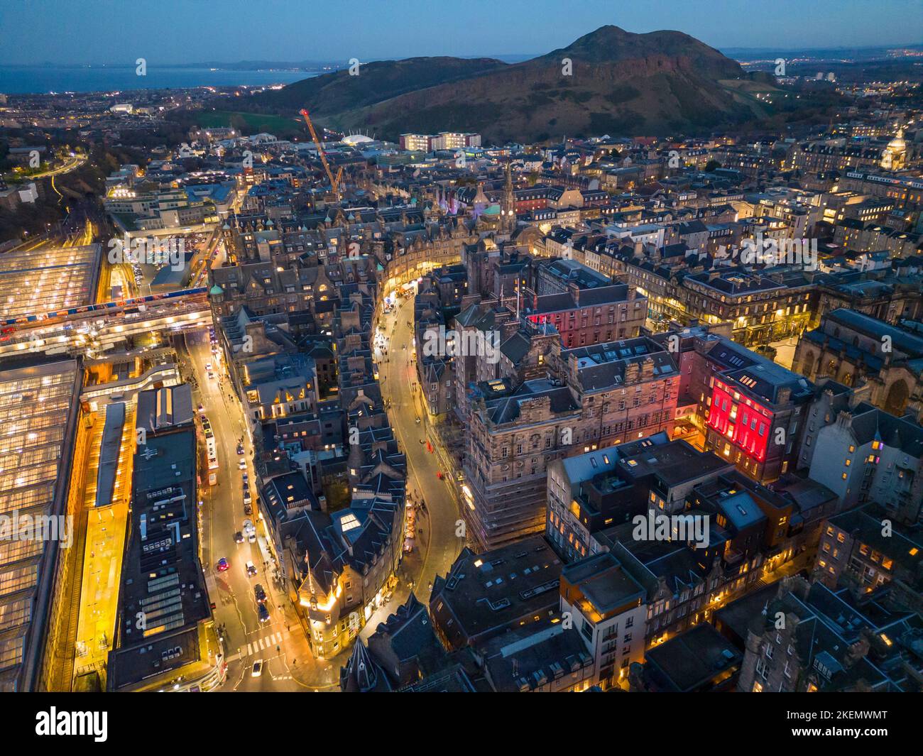 Aerial view from drone of Edinburgh Old Town at night, Scotland, UK ...