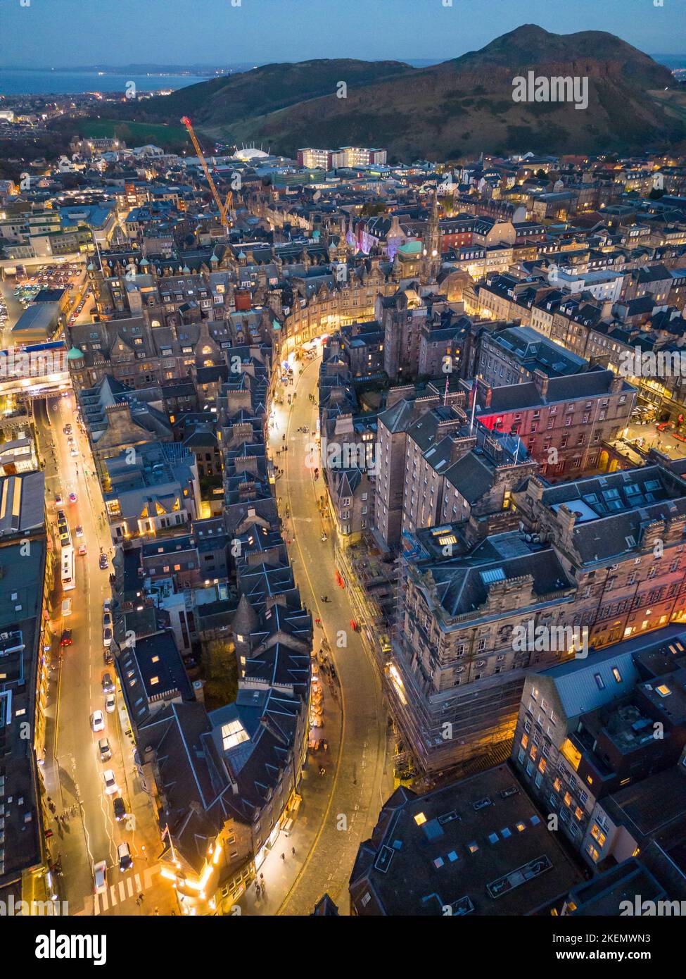 Aerial view from drone of Cockburn Street in Edinburgh Old Town at ...