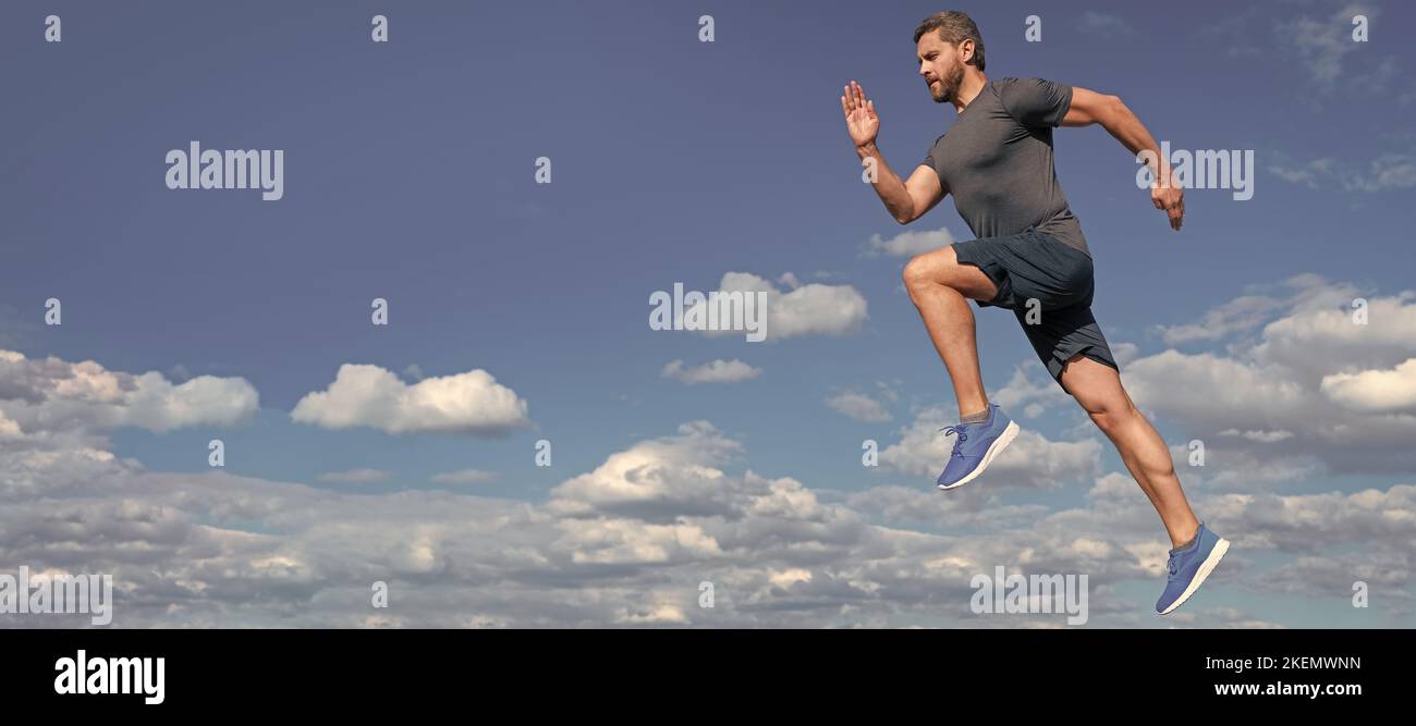 Man running and jumping, banner with copy space. energetic man athlete ...