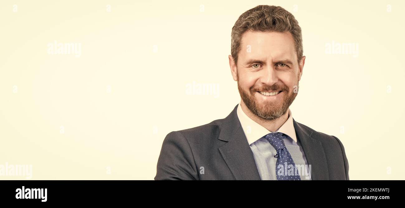 Portrait of happy professional man with smiling face in formal suit ...