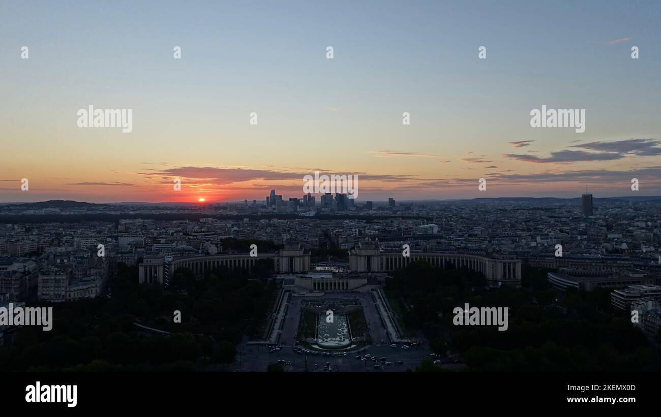 A scenic aerial view of a beautiful Paris at sunset in France Stock ...