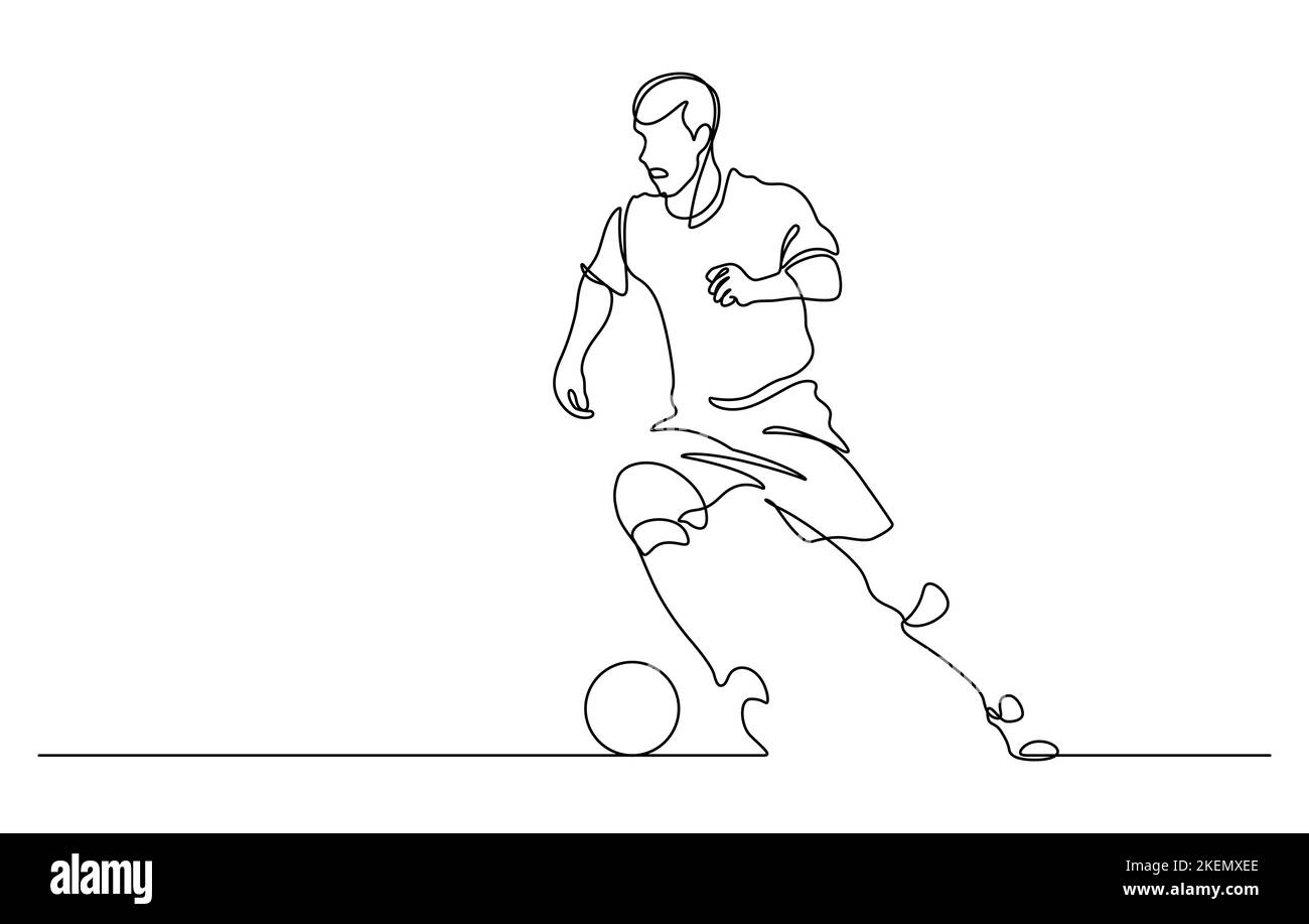 continuous line drawing of man playing football and dribble possession ...