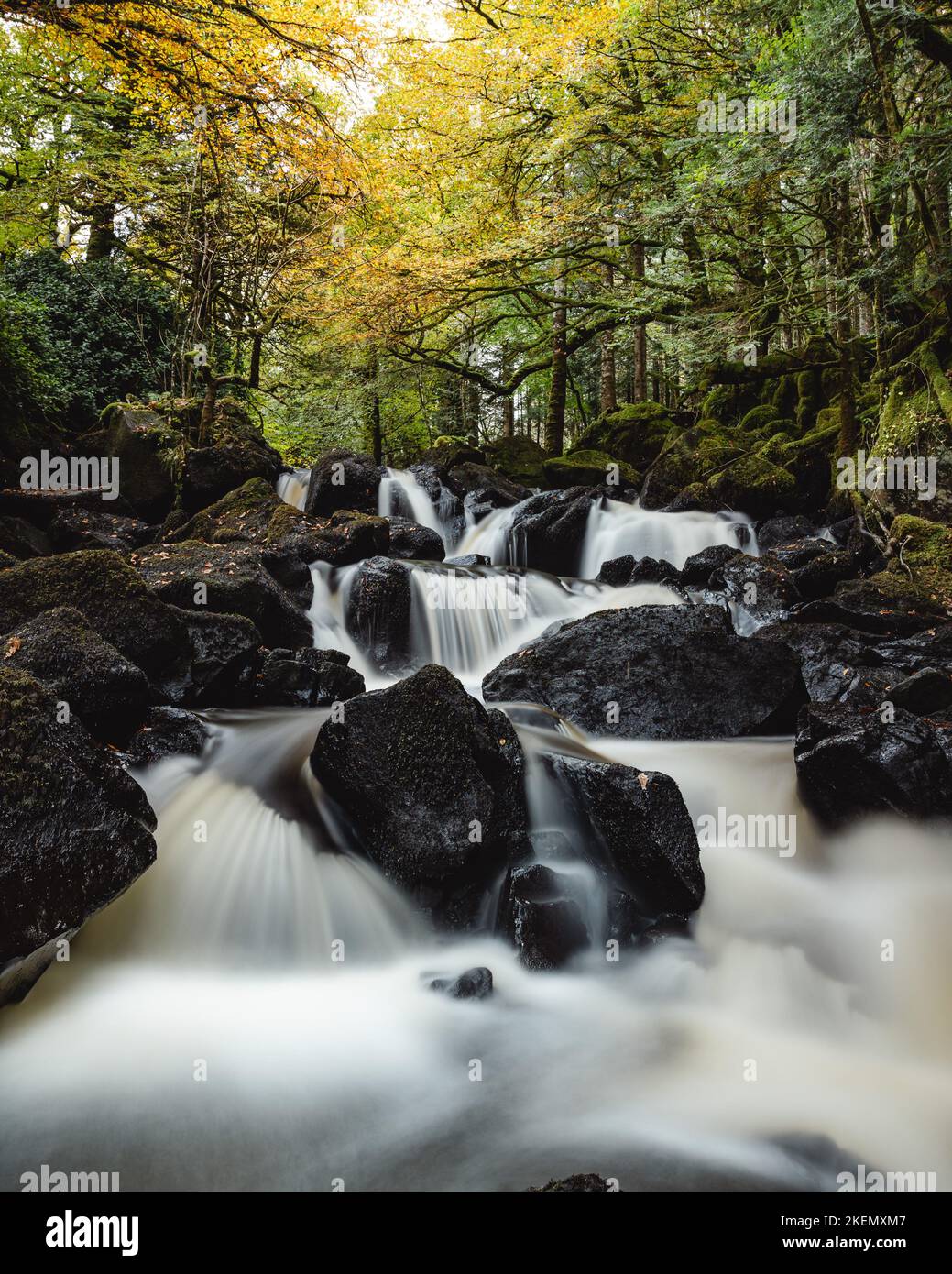 A scenic natural shot of a waterfall on the island of Mull during fall ...