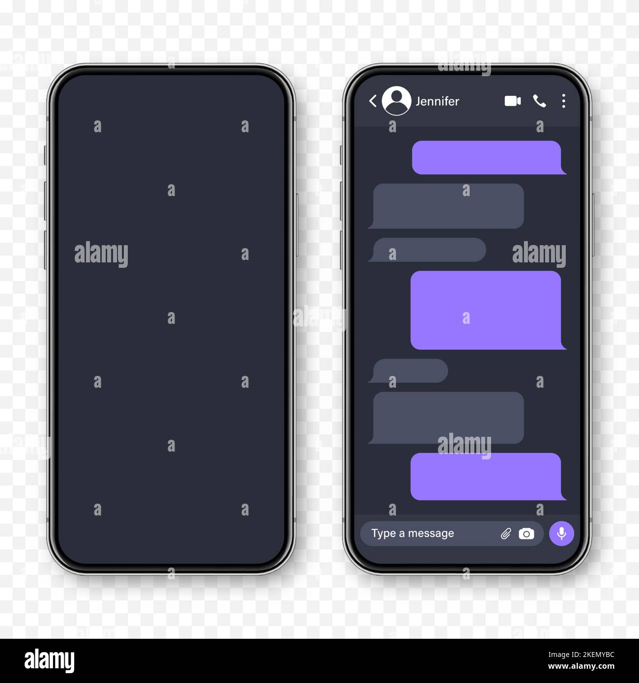 Realistic smartphone with messaging app. Blank SMS text frame ...