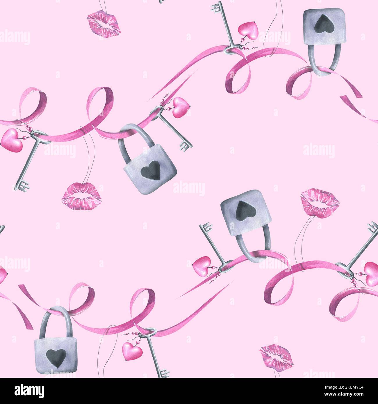 Ribbons with hanging locks, keys and kisses on a pink background ...