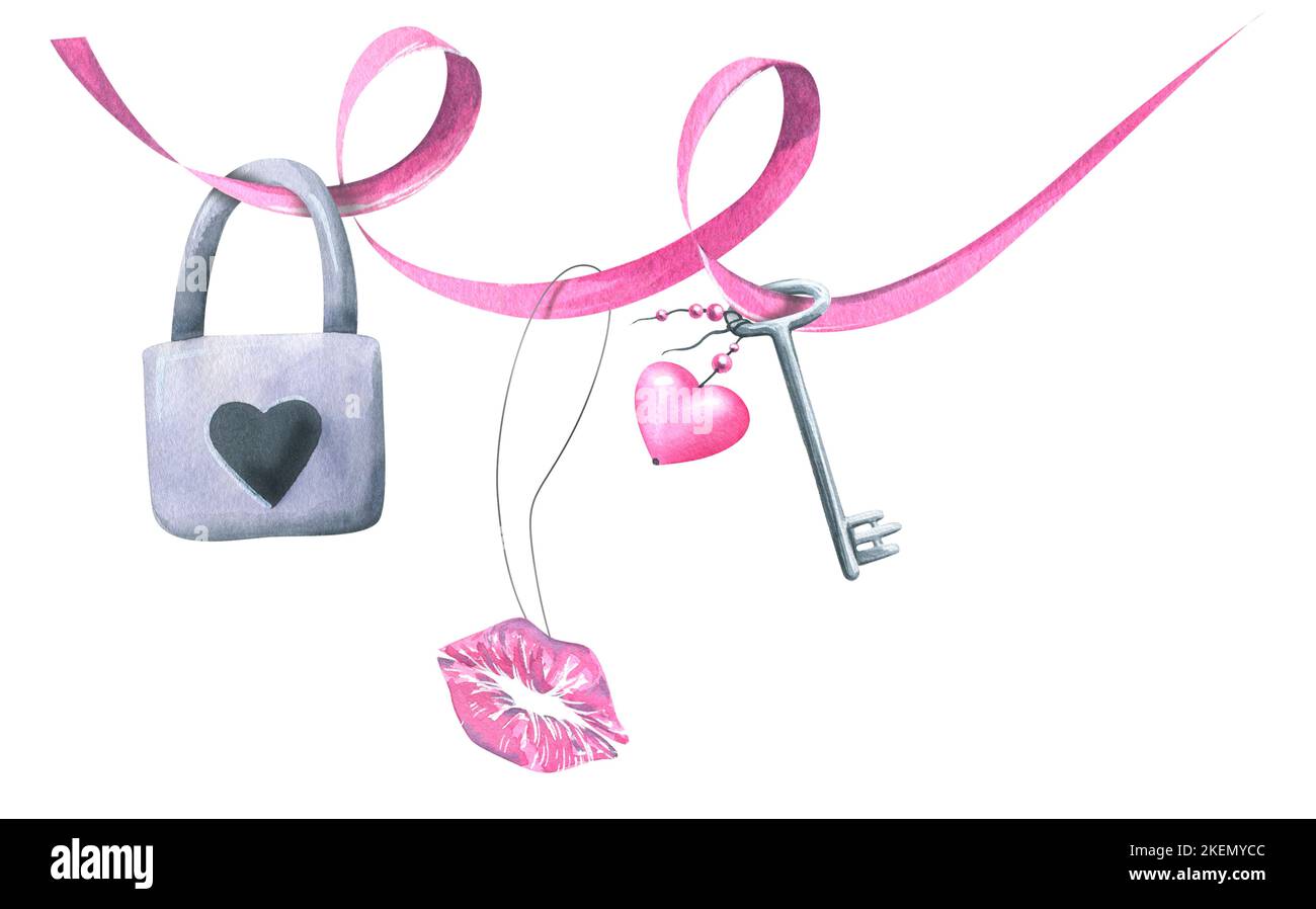 A pink ribbon with a lock, a key and kisses hanging on it. Watercolor ...