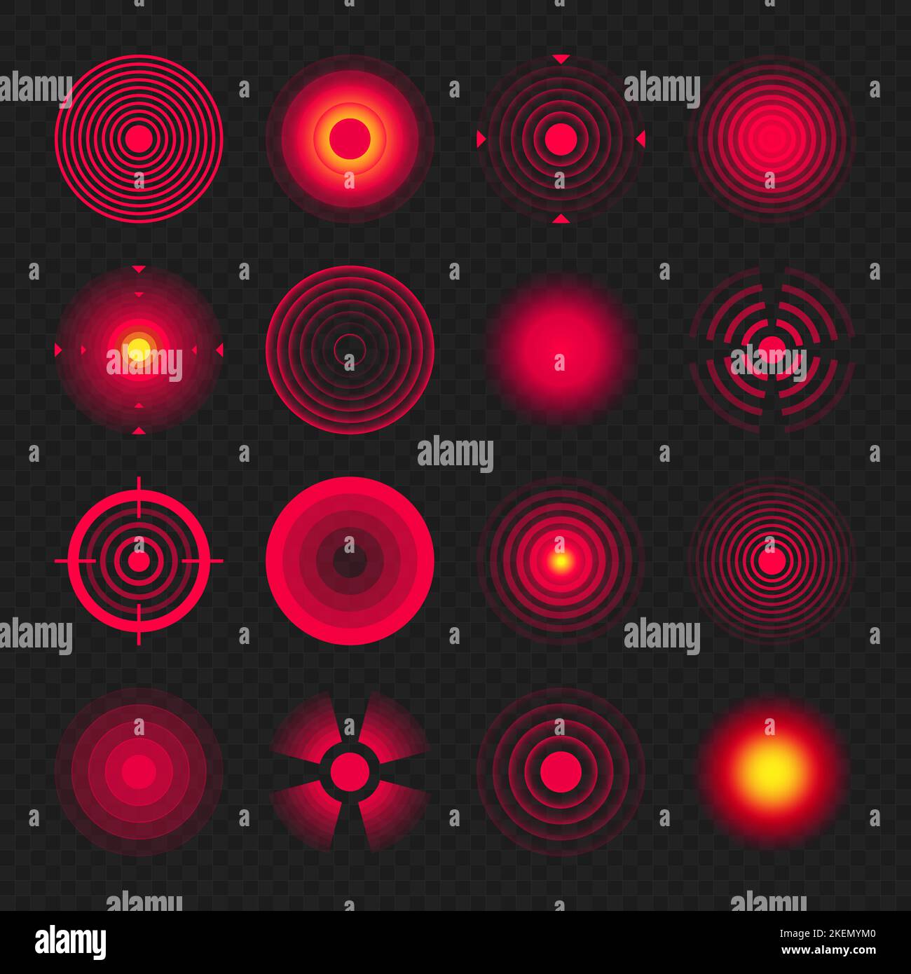 Pain localization marks. Painful area, aching spot. Red circles ...