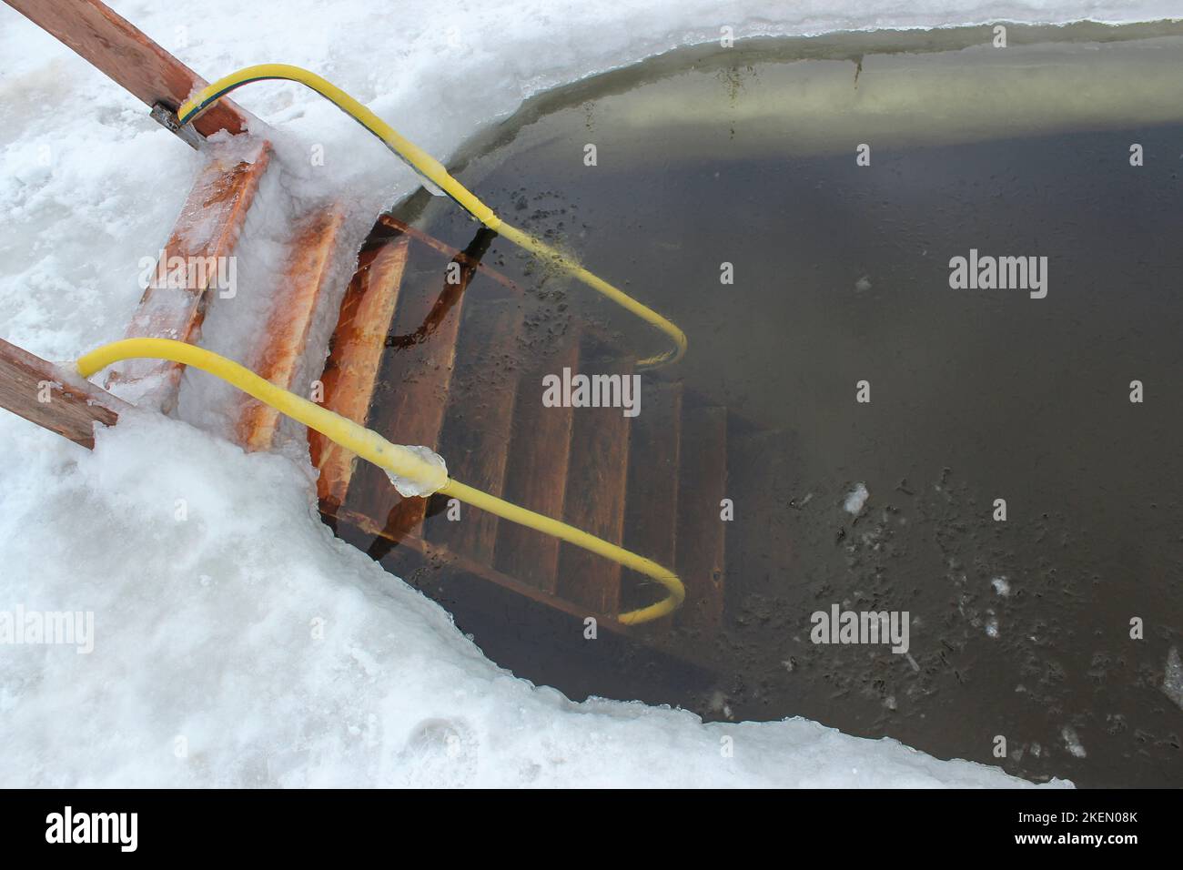 Wooden ladder to descend into the ice pool Stock Photo - Alamy