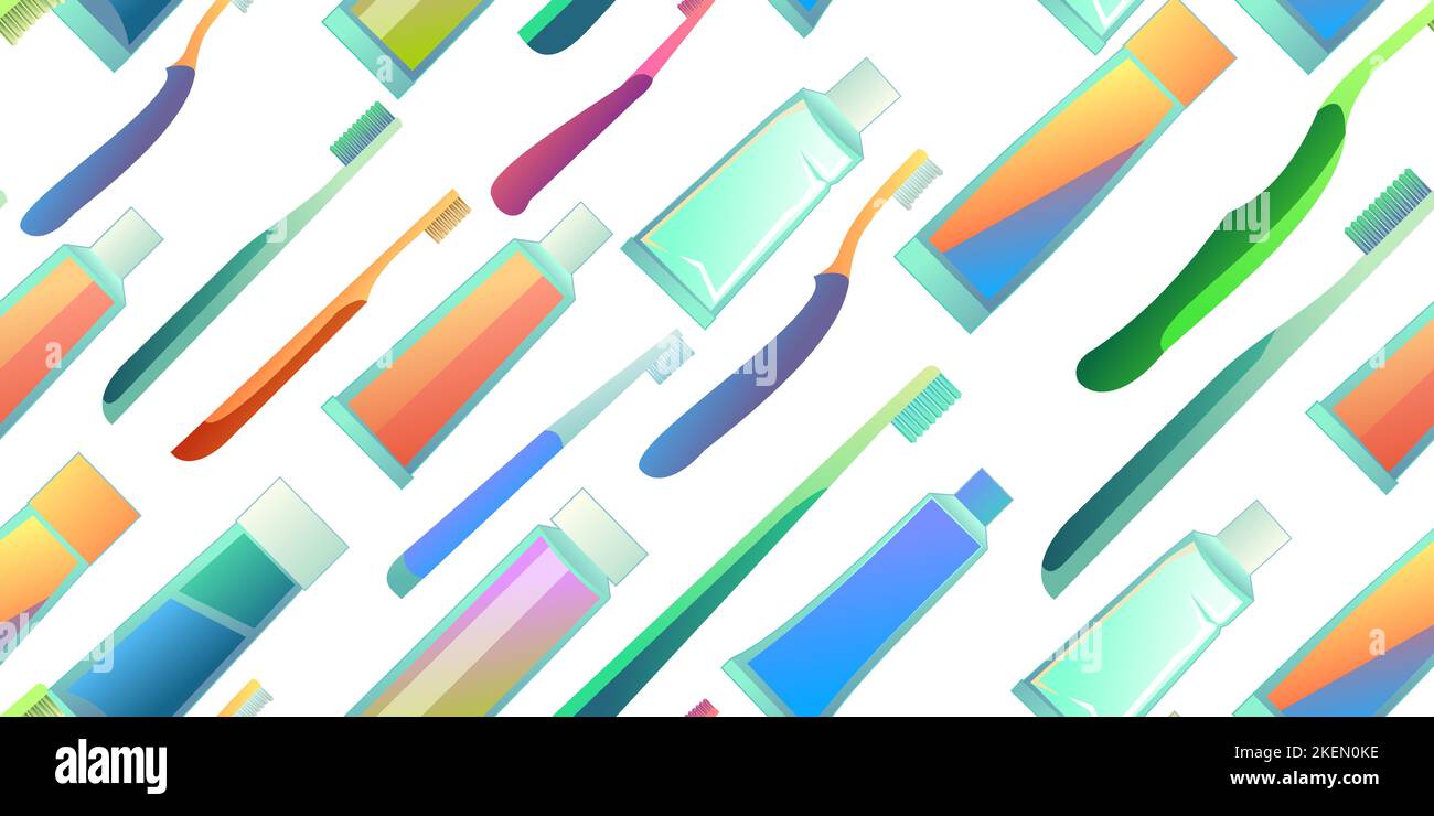 Tubes of toothpaste and toothbrushes items seamless pattern. Cartoon ...