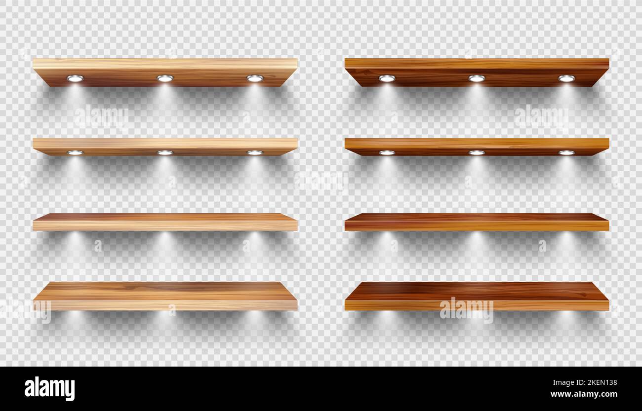 Realistic wooden store shelves with lighting, spotlights. Empty product ...