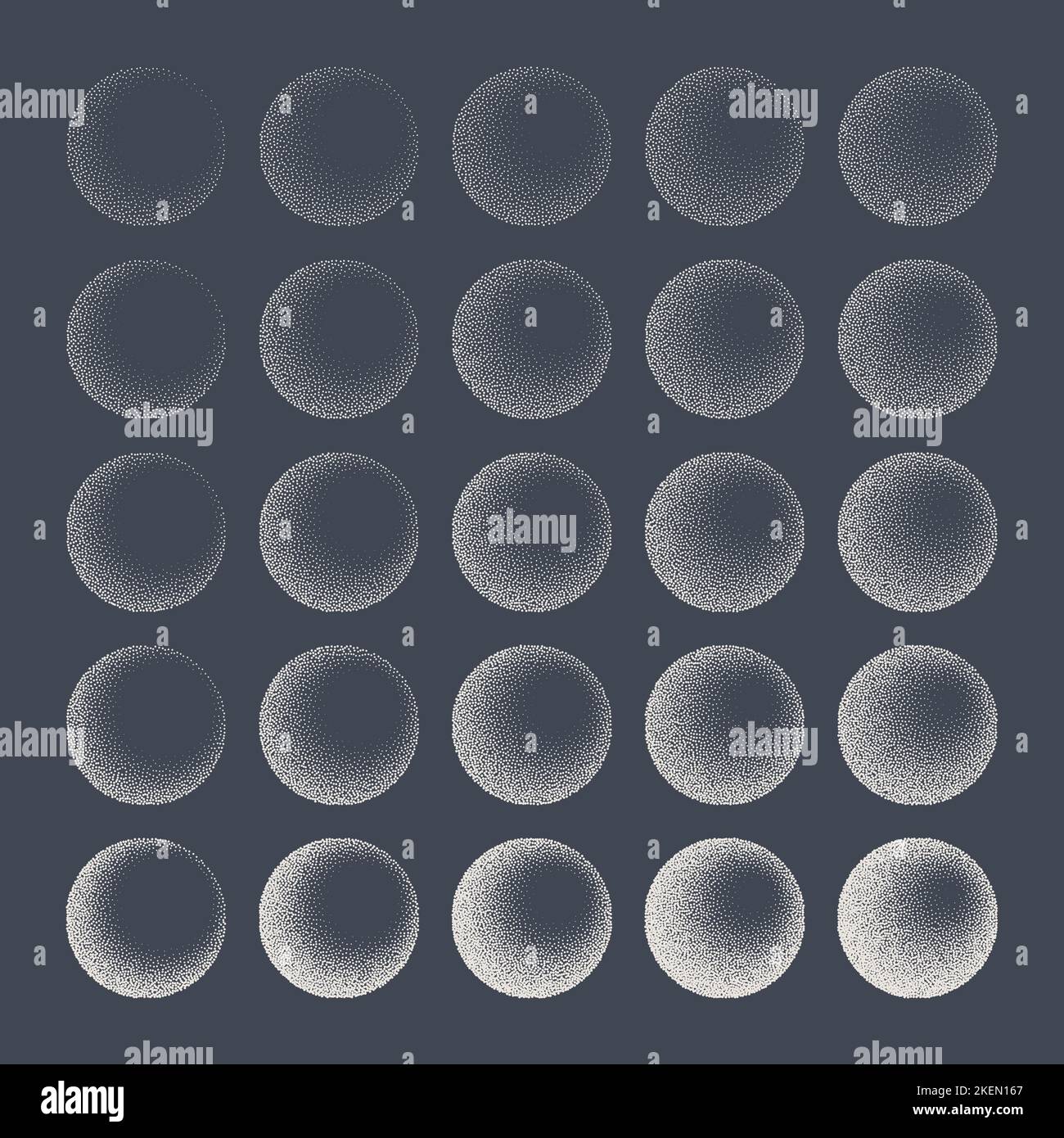 Round shaped dotted objects, stipple elements. Fading gradient ...