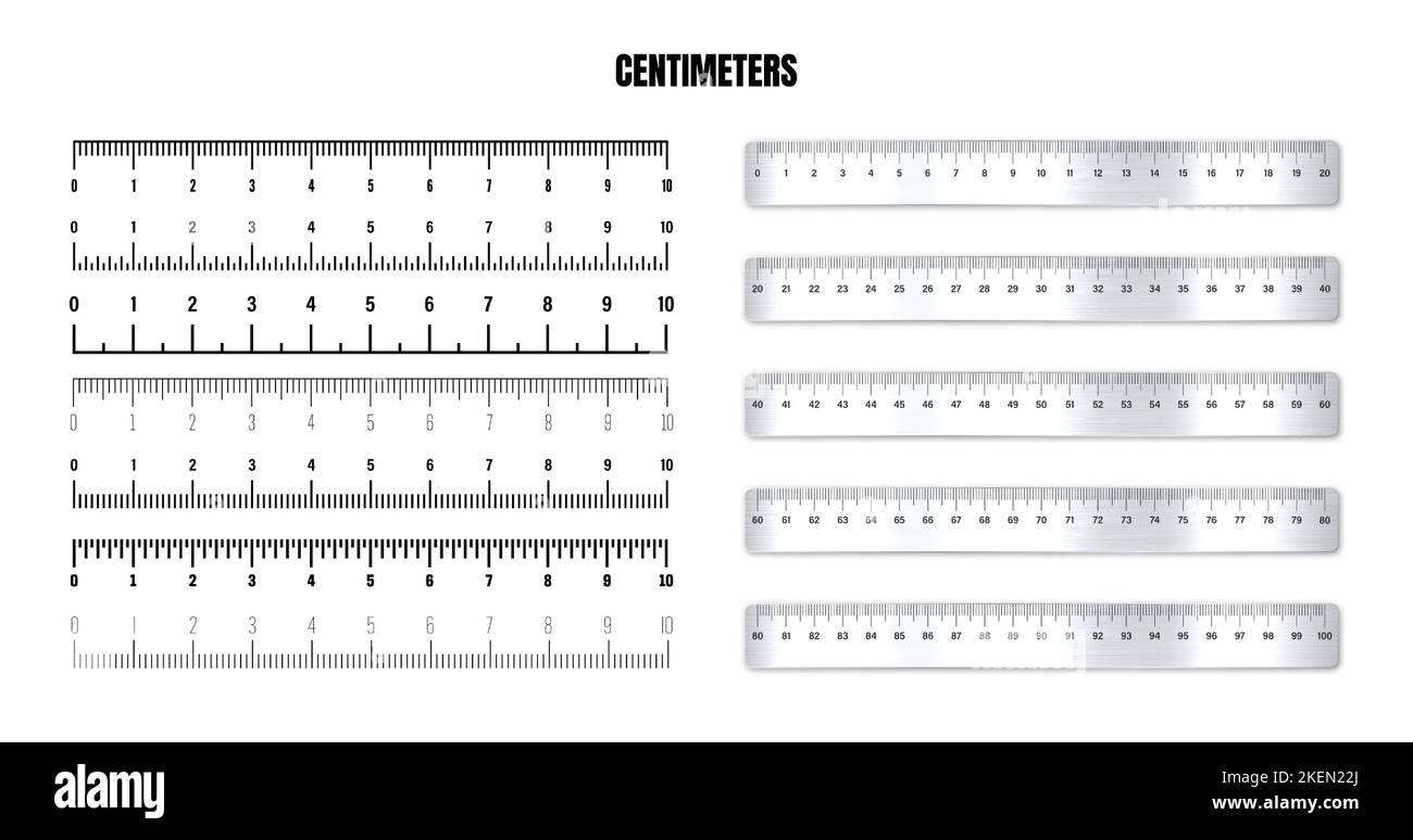 Realistic metal rulers with black centimeter scale for measuring length ...