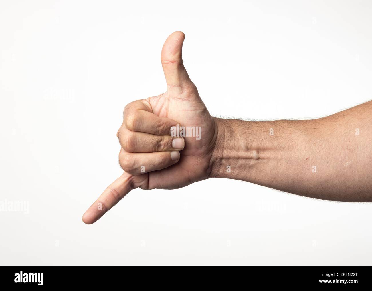 A man's hand and arm on a nuclear white background, showing a gesture ...