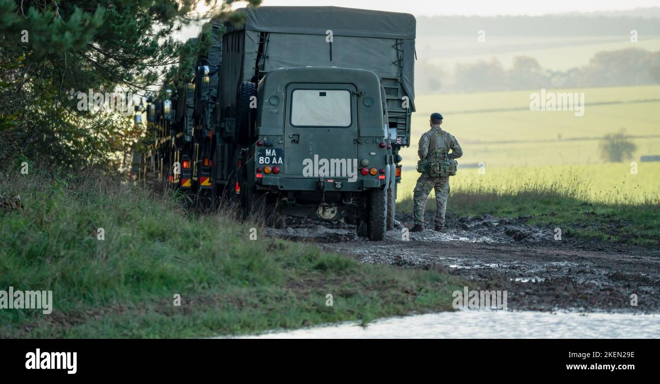 Britrish army Defender Wolf and MAN SV 4x4 Utility Trucks queued along ...
