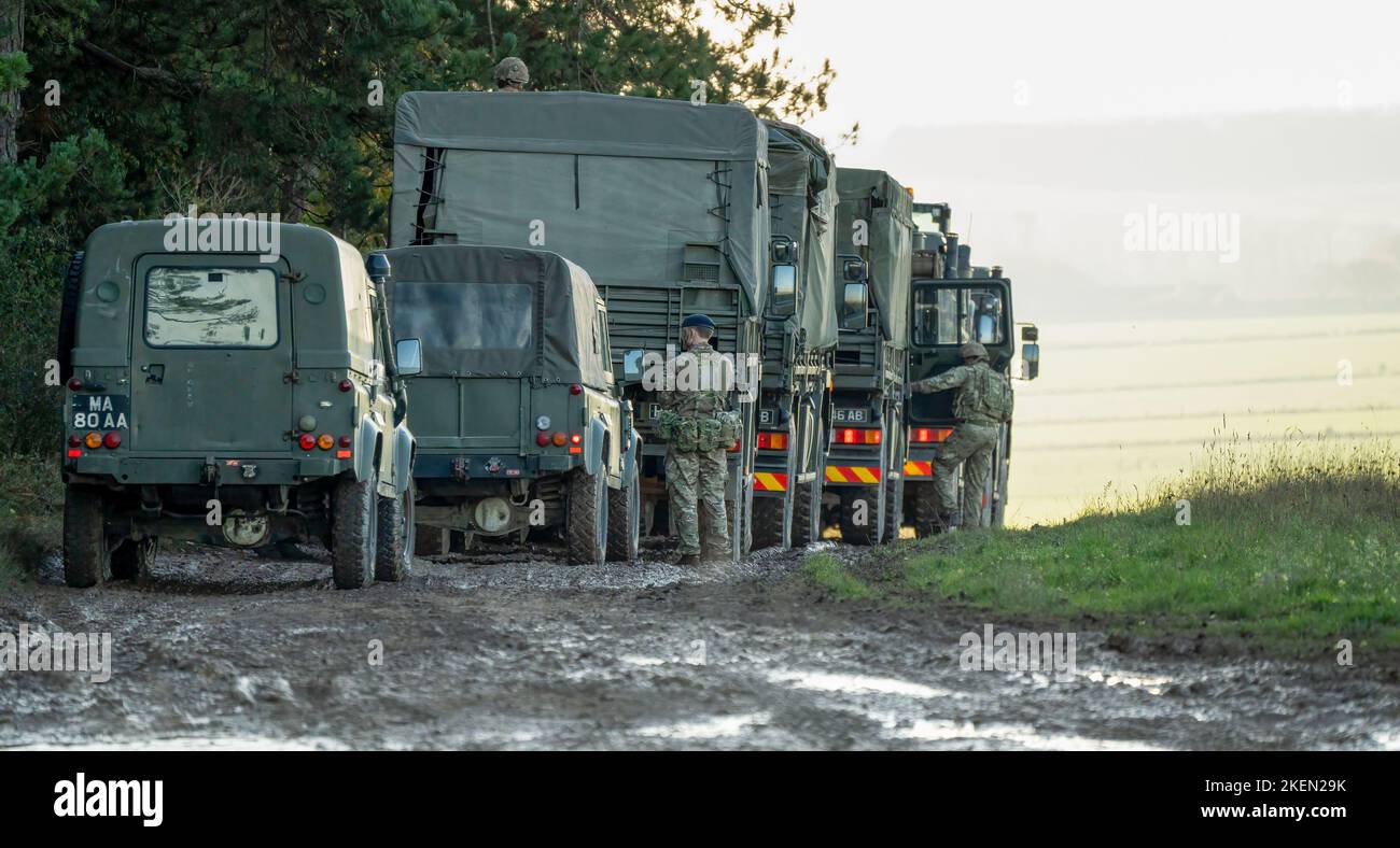 Britrish army Defender Wolf and MAN SV 4x4 Utility Trucks queued along ...