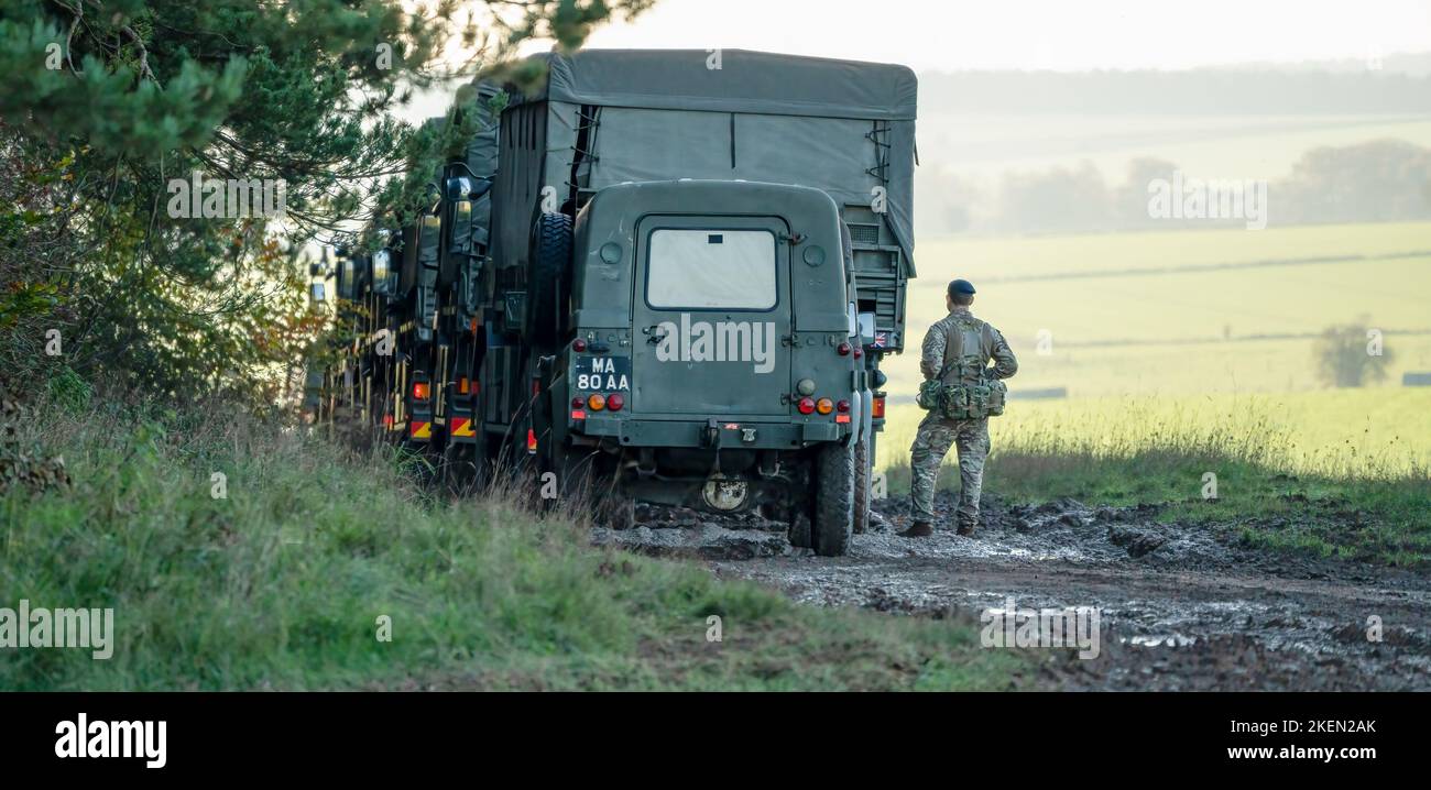 Britrish army Defender Wolf and MAN SV 4x4 Utility Trucks queued along ...
