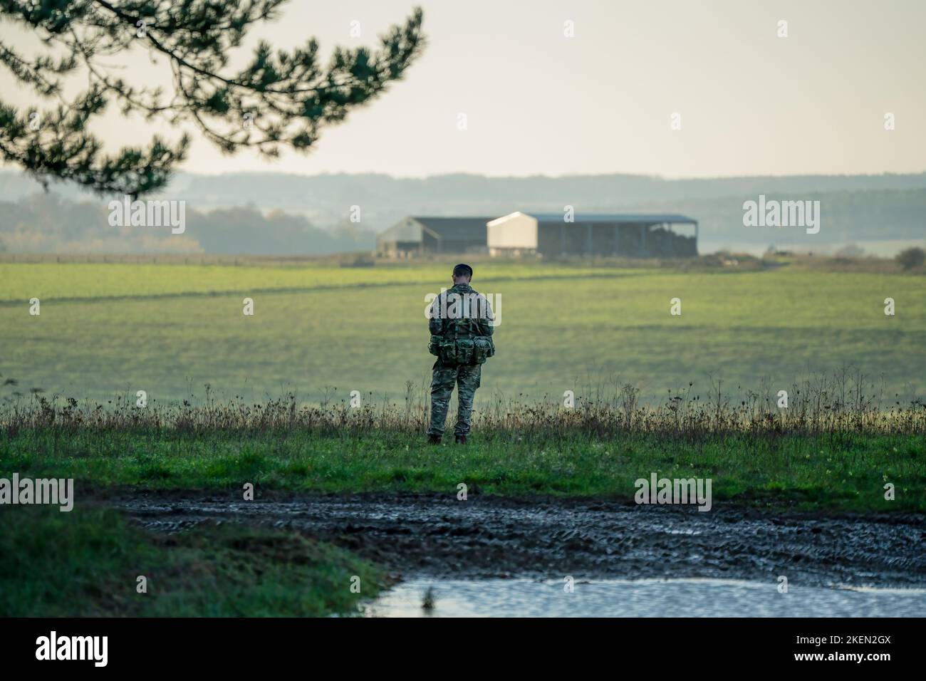 a British army soldier stands alone looking down, open countryside ...