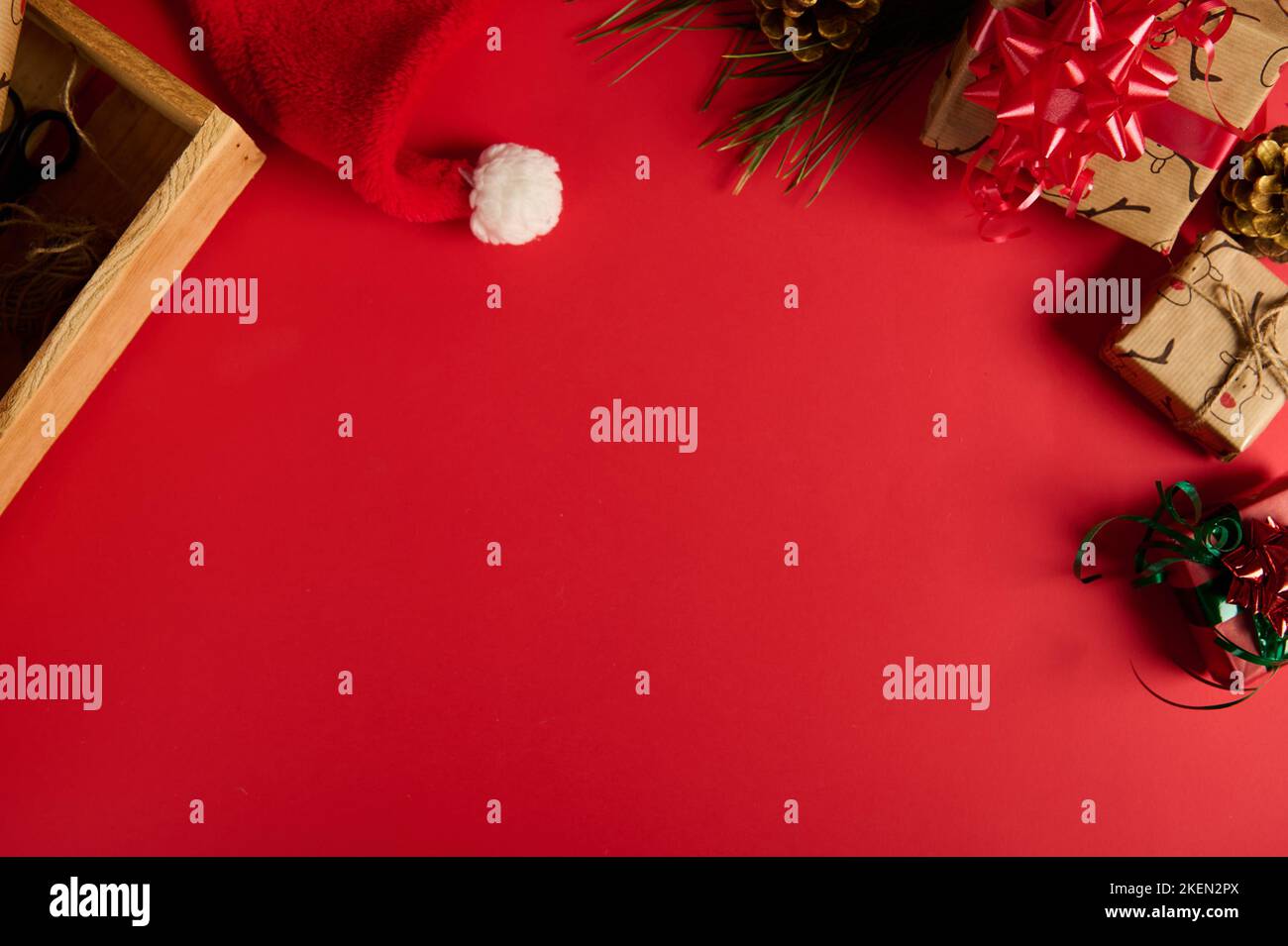 Christmas background. Beautiful Xmas gift boxes and presents with ...