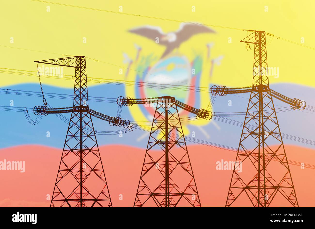 Industry and energy concept. Double exposure - power line, tower and ...