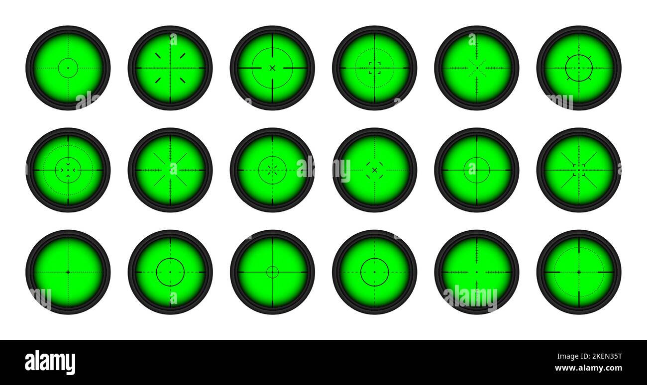 Various weapon night sights, sniper rifle optical scopes. Hunting gun ...