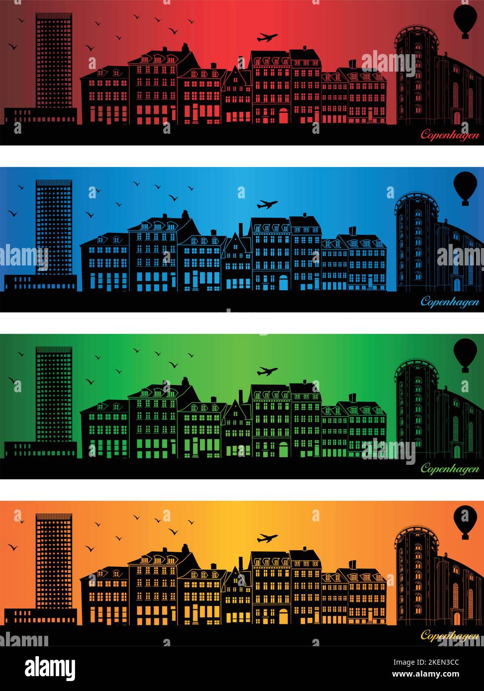 Copenhagen city in a four different colors - illustration, Town in ...