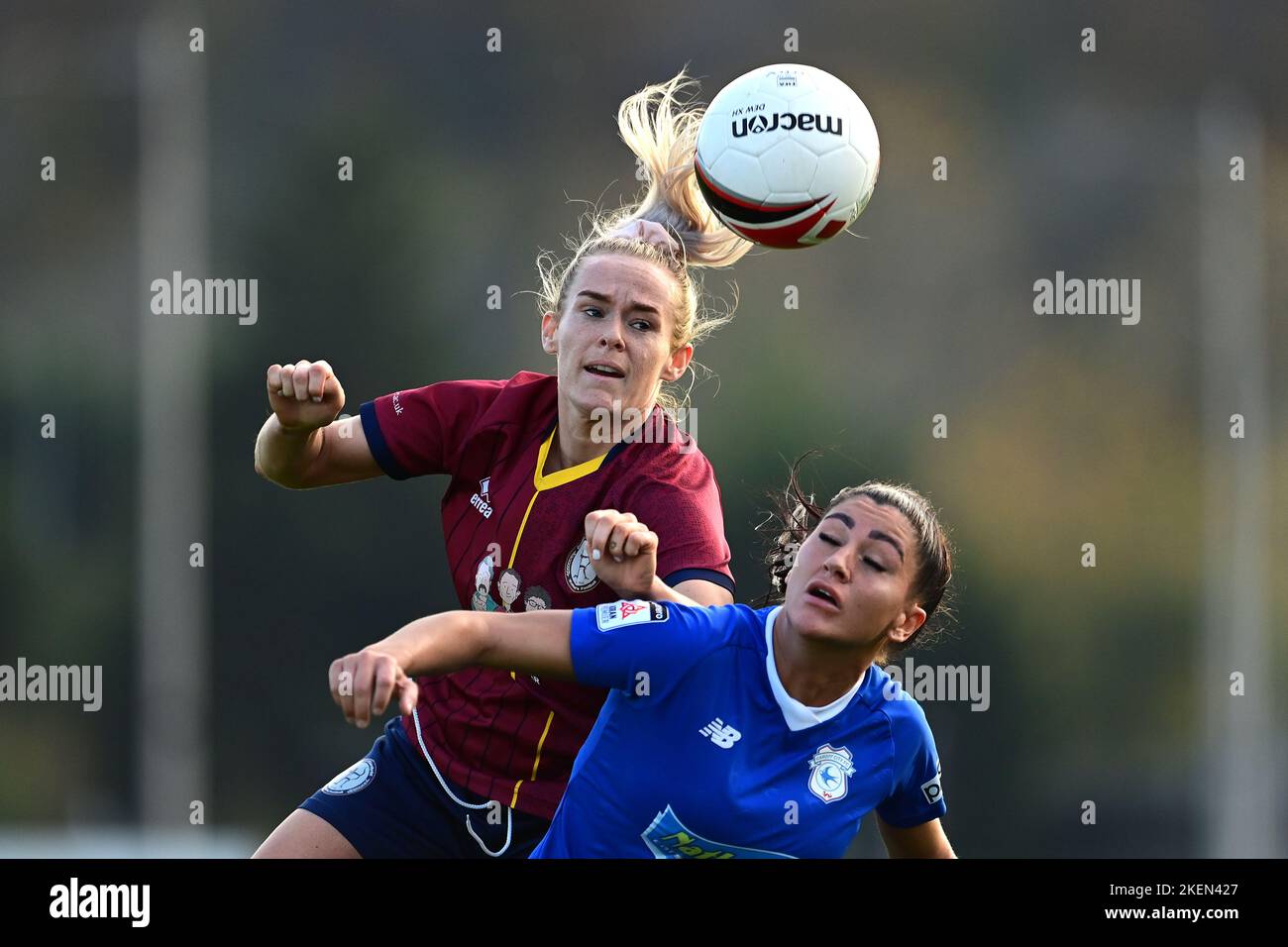 Cardiff, UK. 13th Nov, 2022. Robyn Pinder of Cardiff Met WFC vies for ...