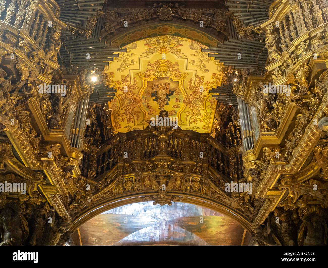 General view of the baroque golden wood carving organs and high choir ...
