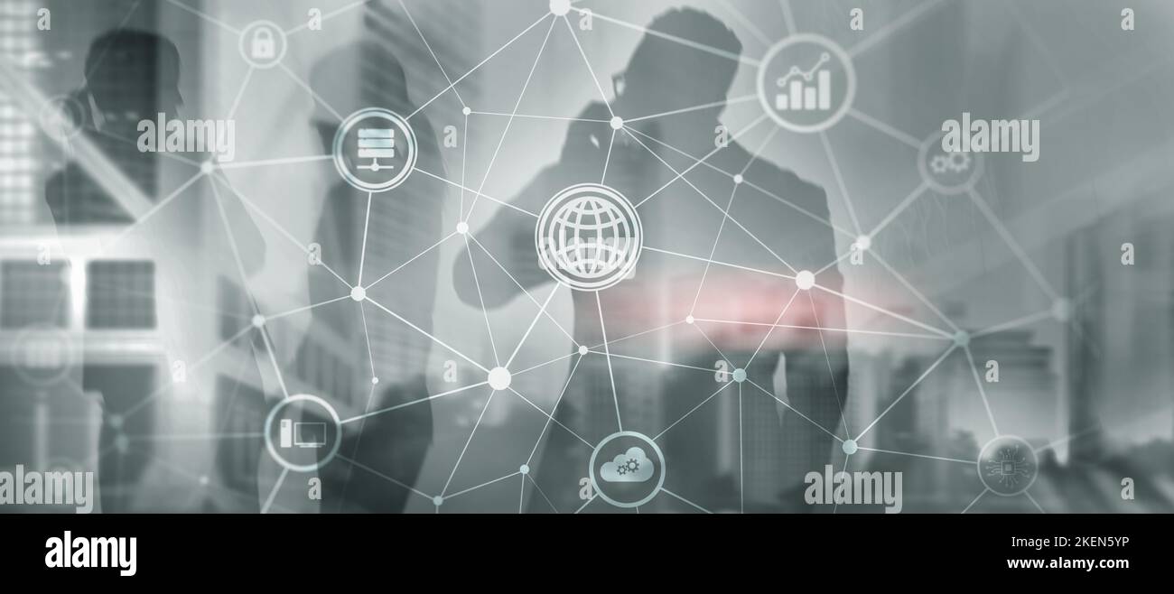 Communications project. Graphics on the background of office workers ...