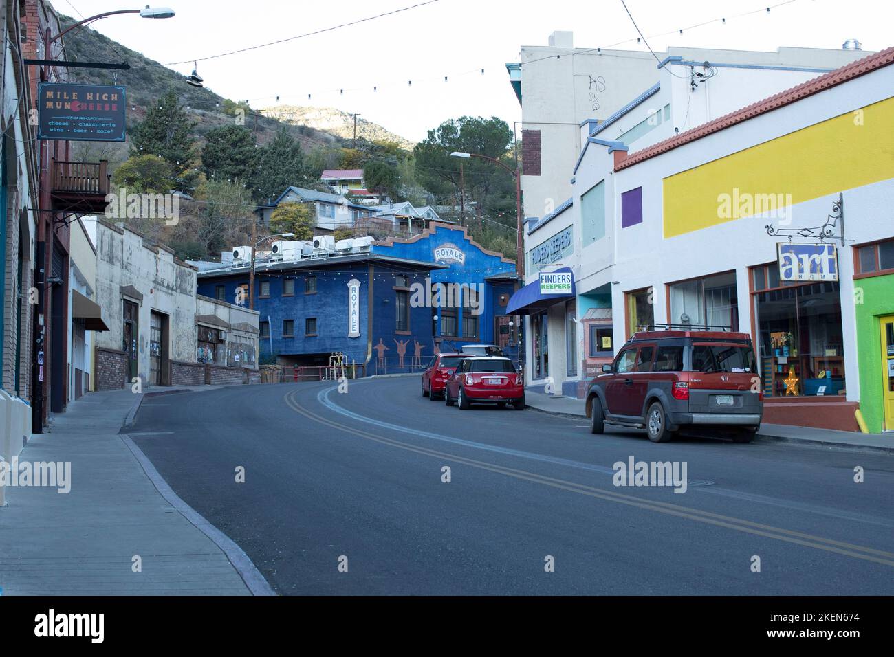 The blue Royale building shows up on the hill in downtown, Bisbee, Arizona.Bisbee is a historic ...