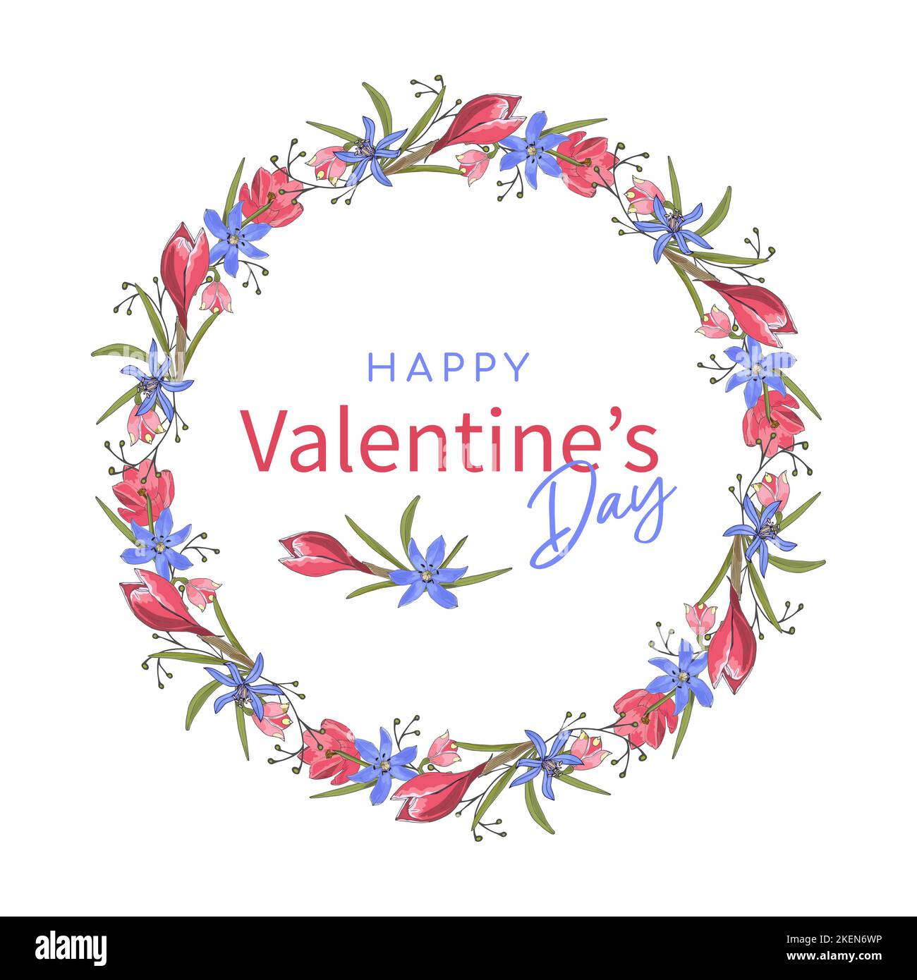 Valentines Day inscription card with wreath doodle red violet flowers ...