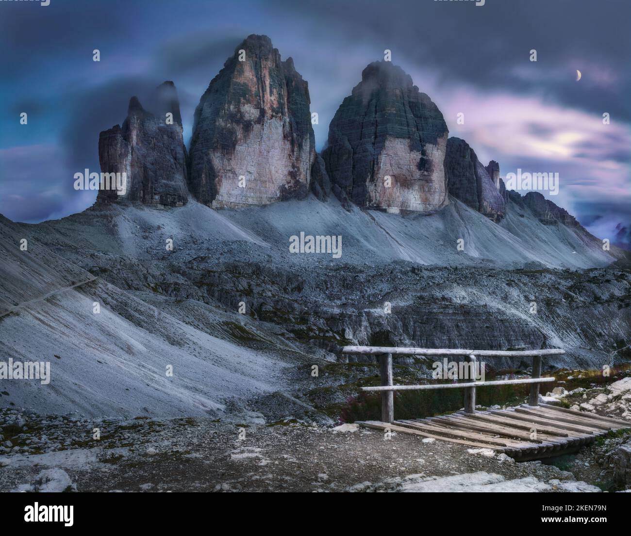 Mystical beautiful mountain night landscape with the moon and fog Tre ...