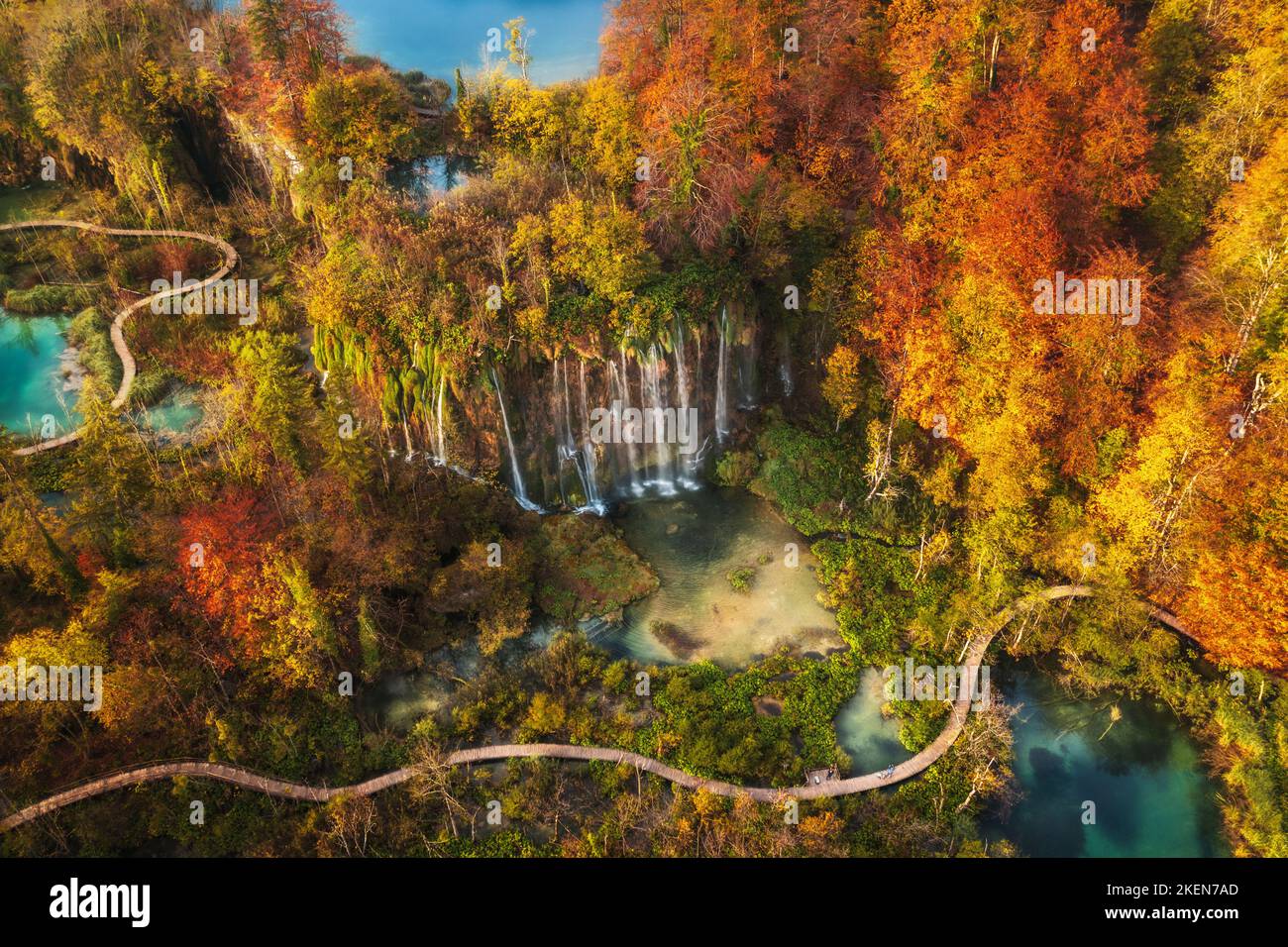 Aerial view beautiful colorful majestic waterfall in national park ...