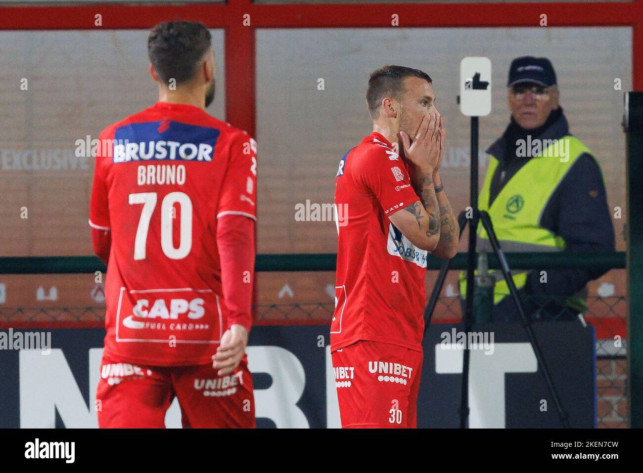 Kortrijk's Kristof D'Haene looks dejected after he receives a red card from the referee during a ...