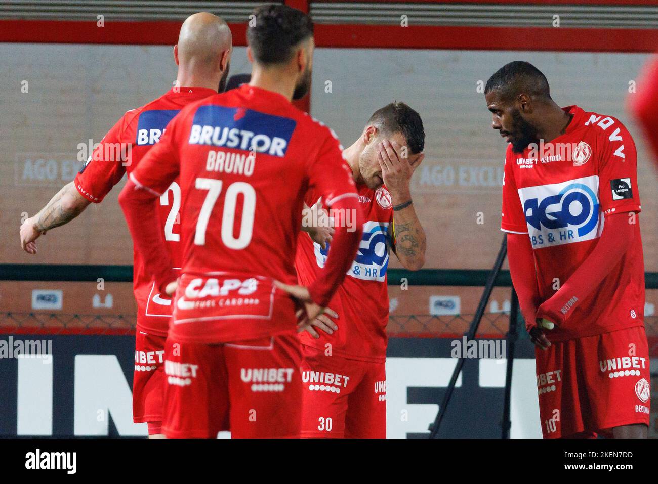 Kortrijk's Kristof D'Haene looks dejected after he receives a red card from the referee during a ...