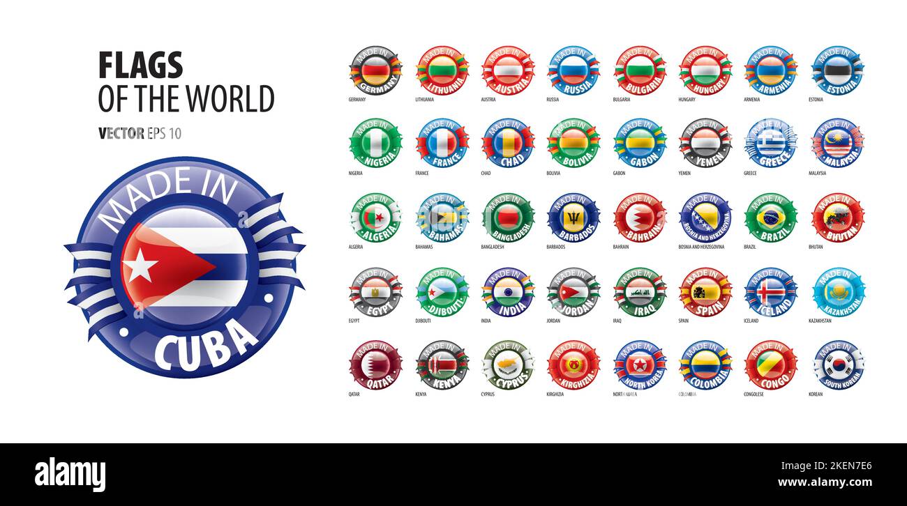 A set of vector icons with flags of countries and with the inscription ...