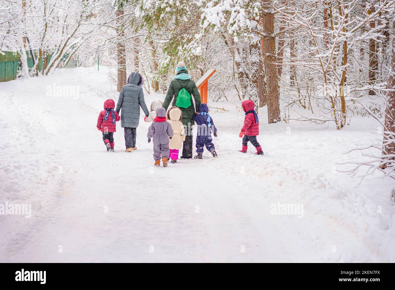Children walk of children with teachers in nature on winter day, active ...